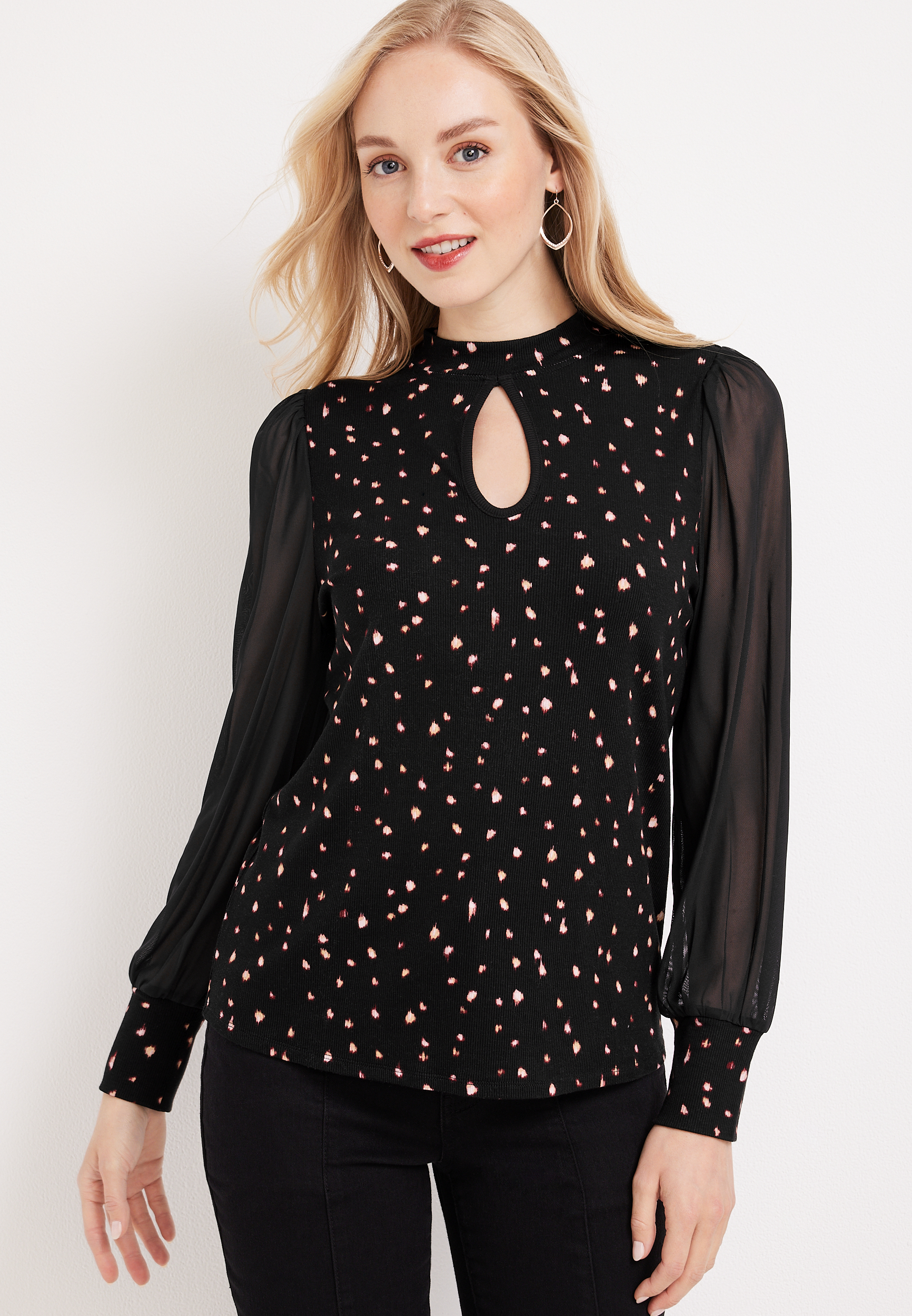 Keyhole Front Mesh Sleeve Blouse | maurices