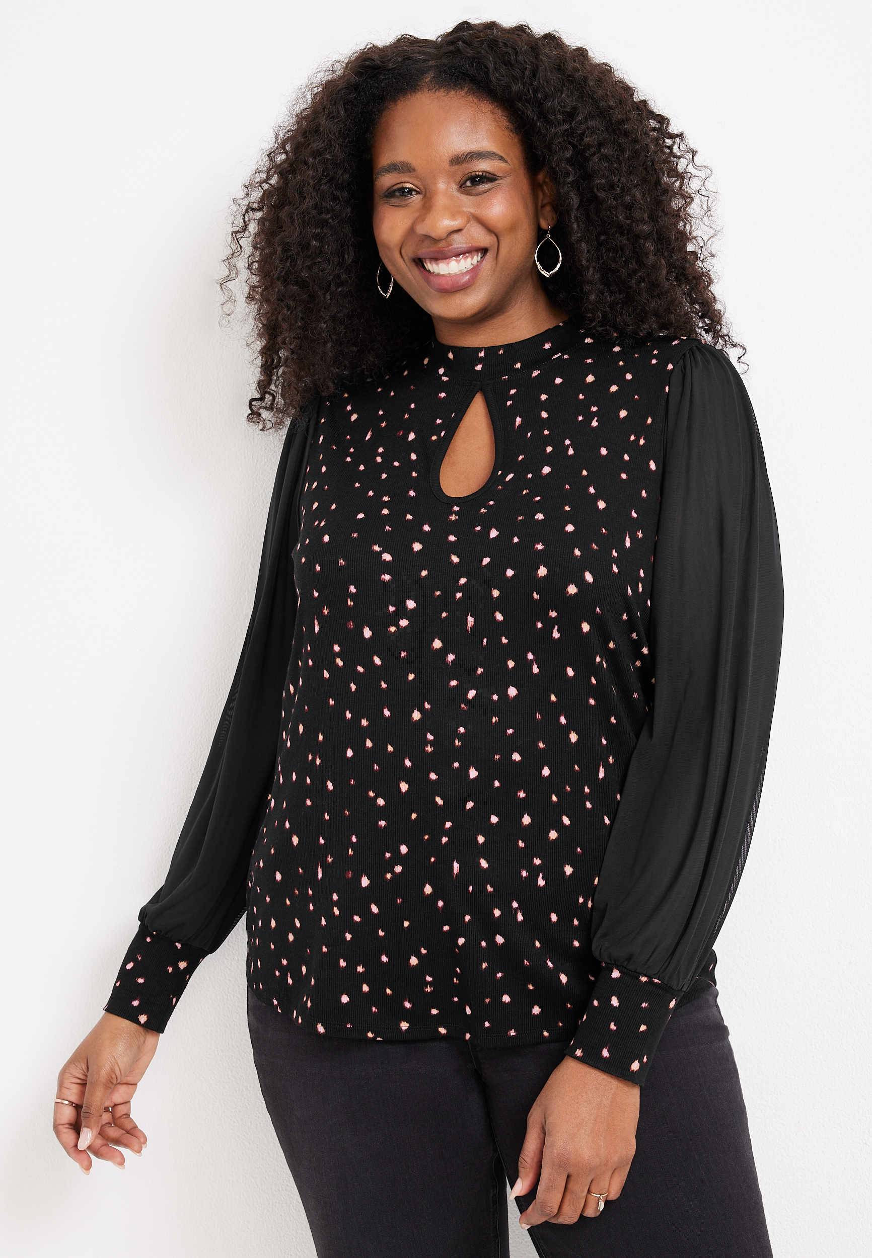 Plus Size Keyhole Front Mesh Sleeve Blouse | maurices
