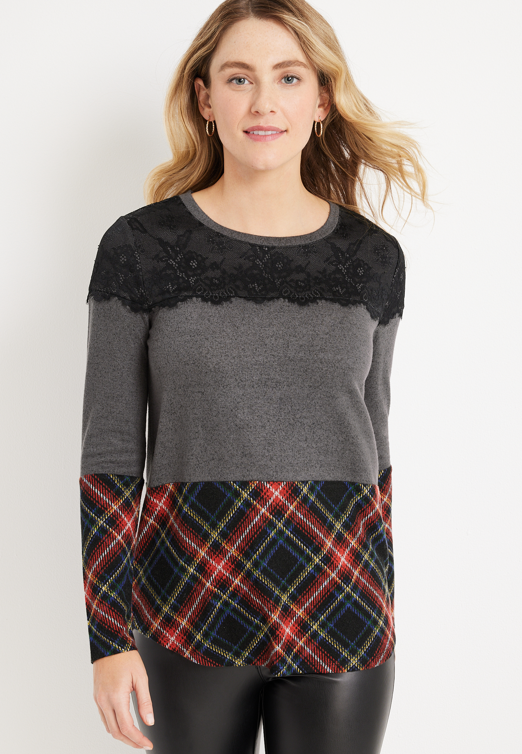 Lace Trim Plaid Colorblock Mixer Tee | maurices