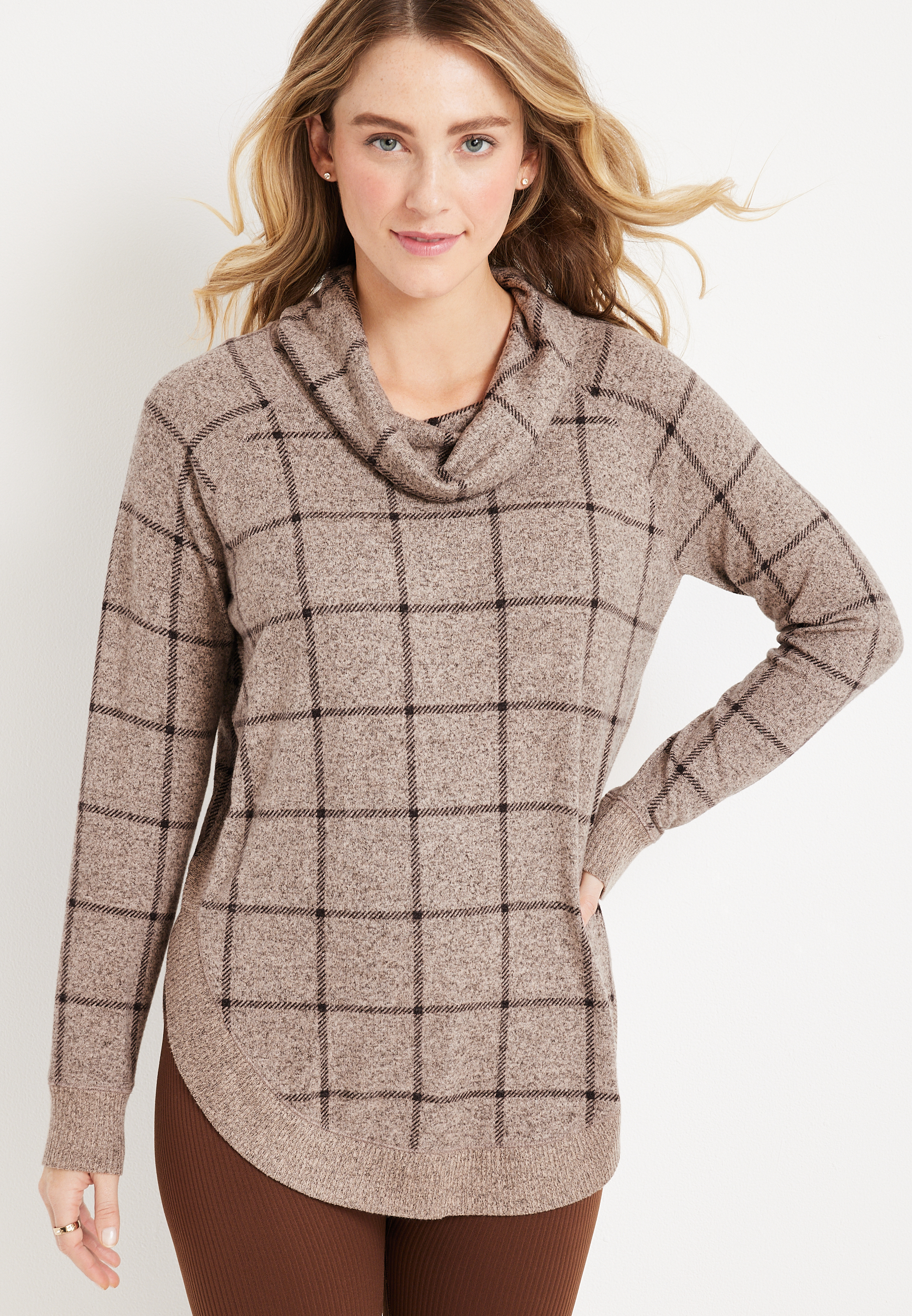 Haven Windowpane Cowl Neck Sweatshirt | maurices