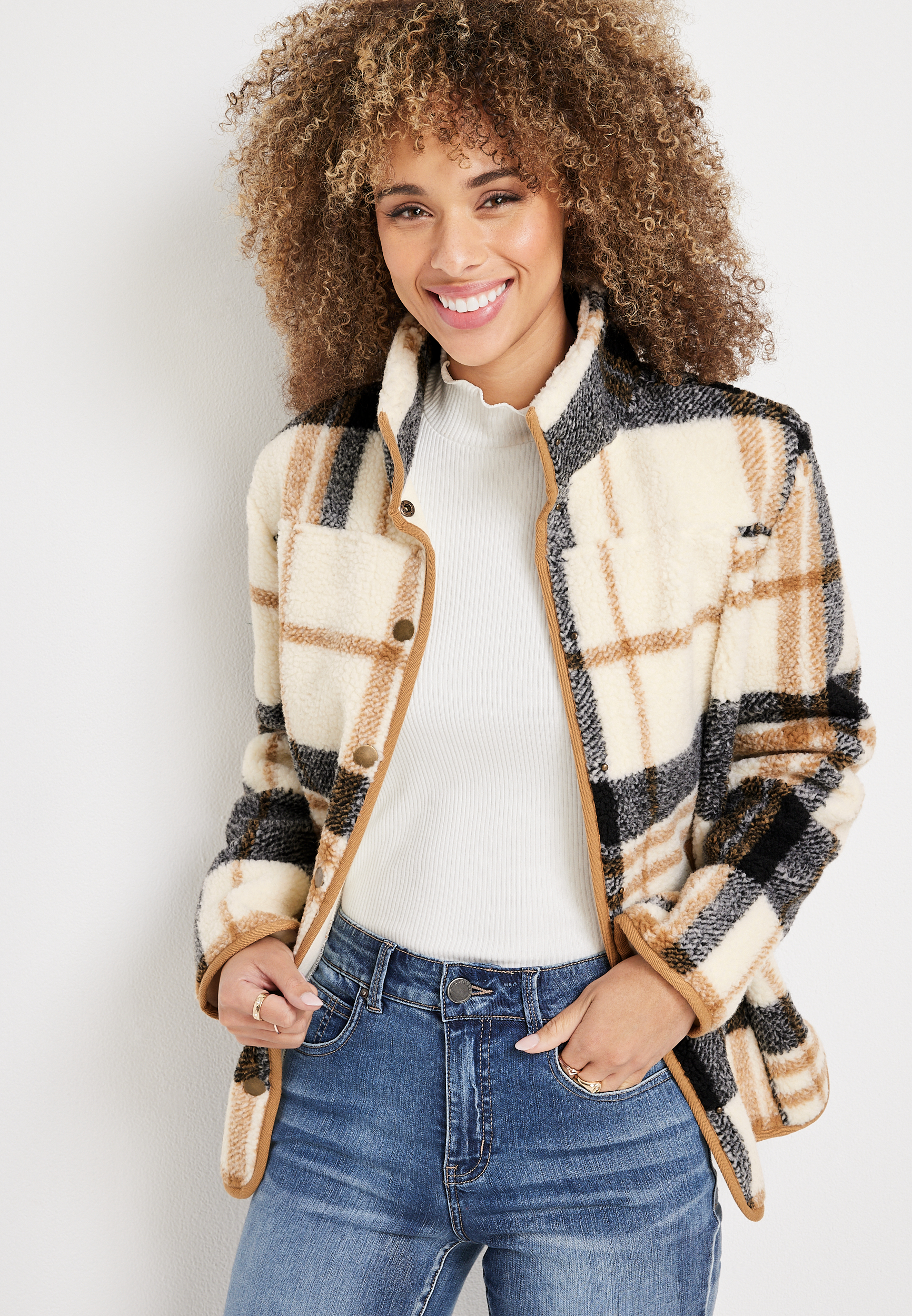 Plaid Sherpa Snap Button Jacket | maurices