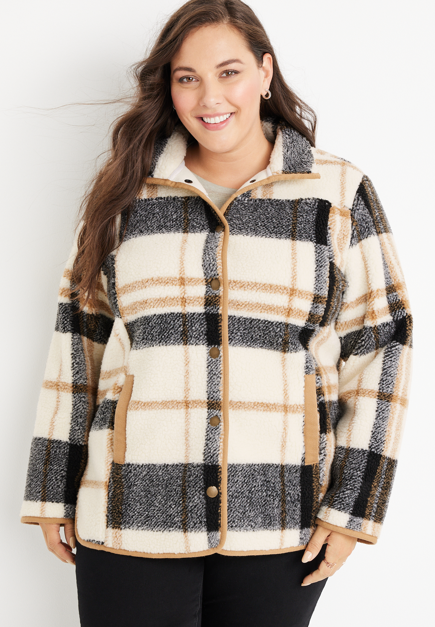 Plus Size Plaid Sherpa Snap Button Jacket | maurices
