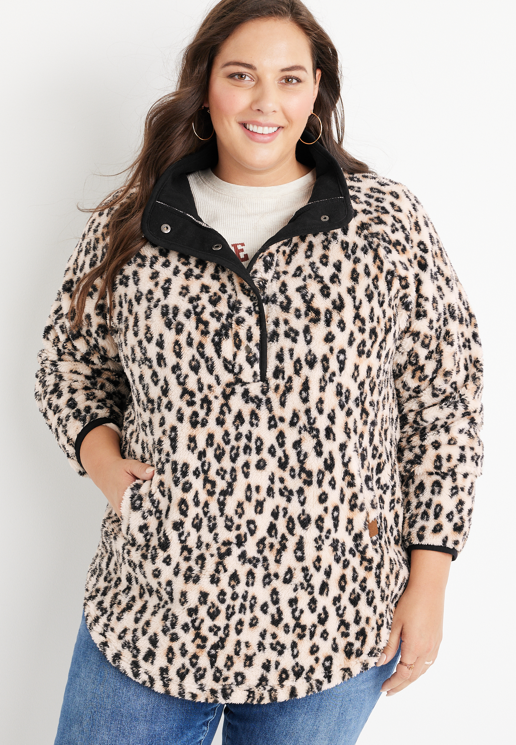 Plus Size Lodge Sherpa Animal Print Fleece Sweatshirt | maurices
