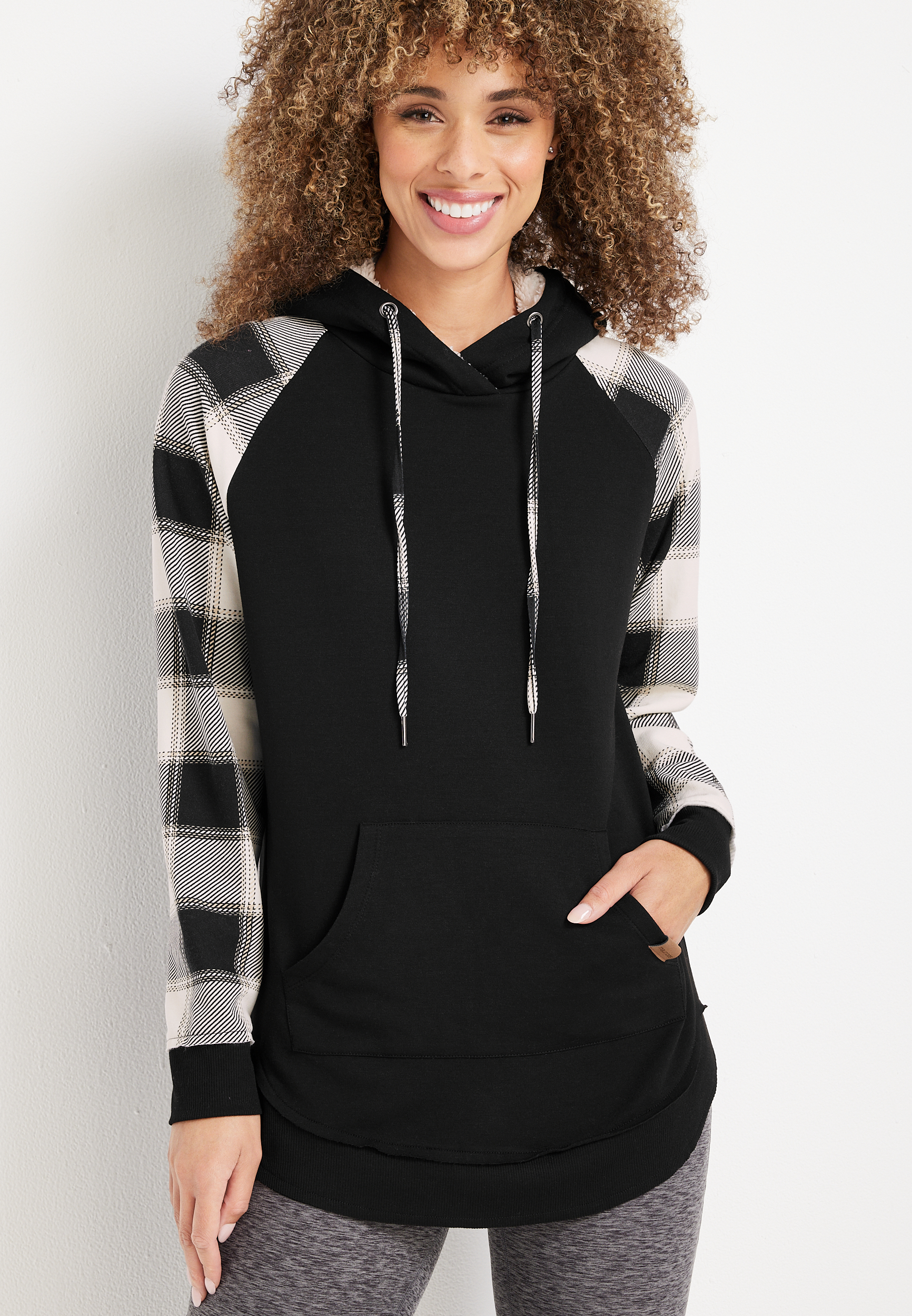 Homeward Plaid Sleeve Fleece Hoodie | maurices