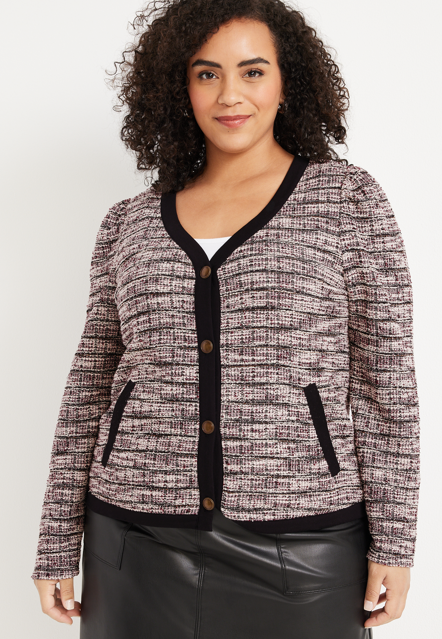 Plus Size Cropped Tweed Button Down Cardigan | maurices