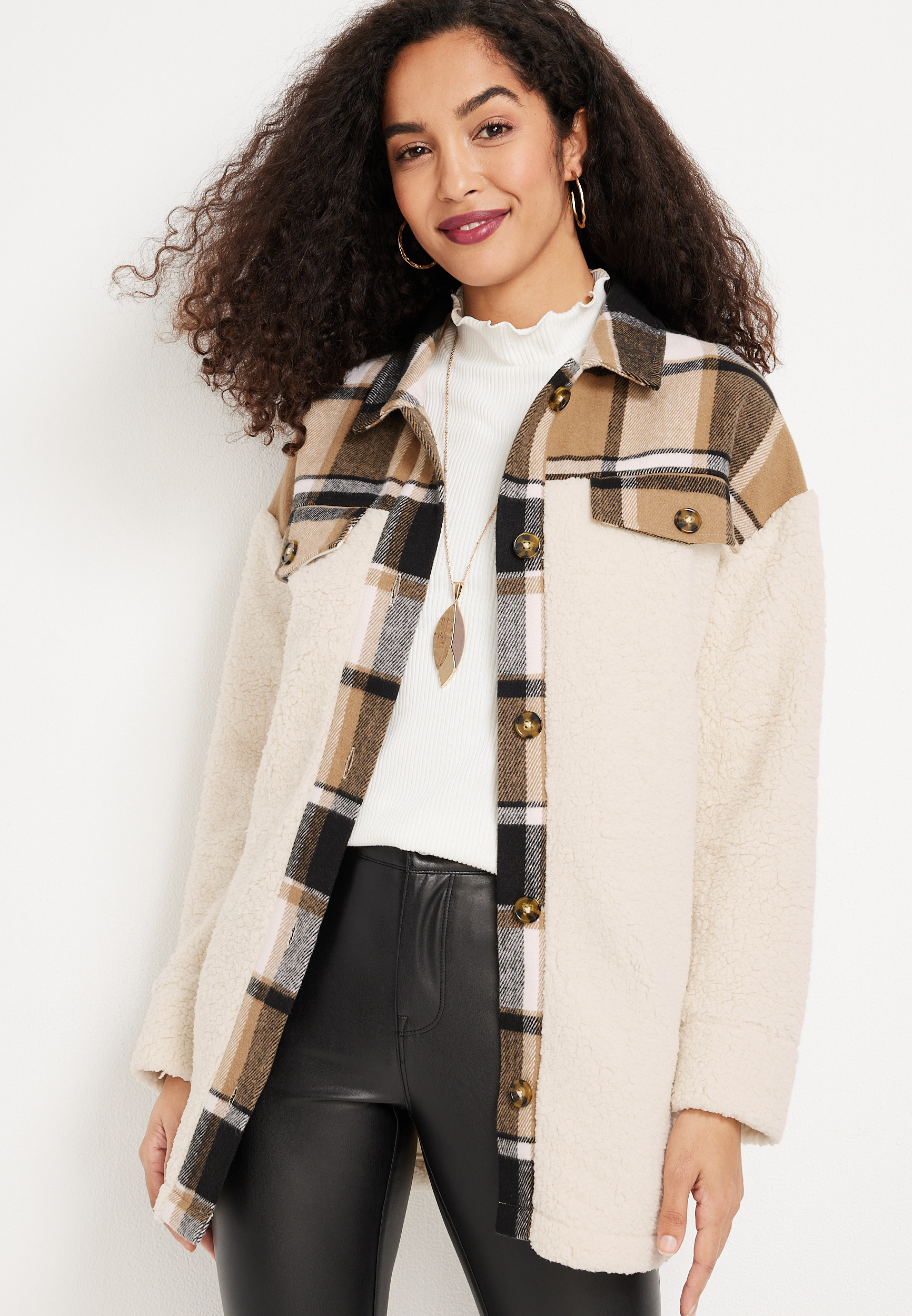 Brown Plaid Sherpa Shacket | maurices