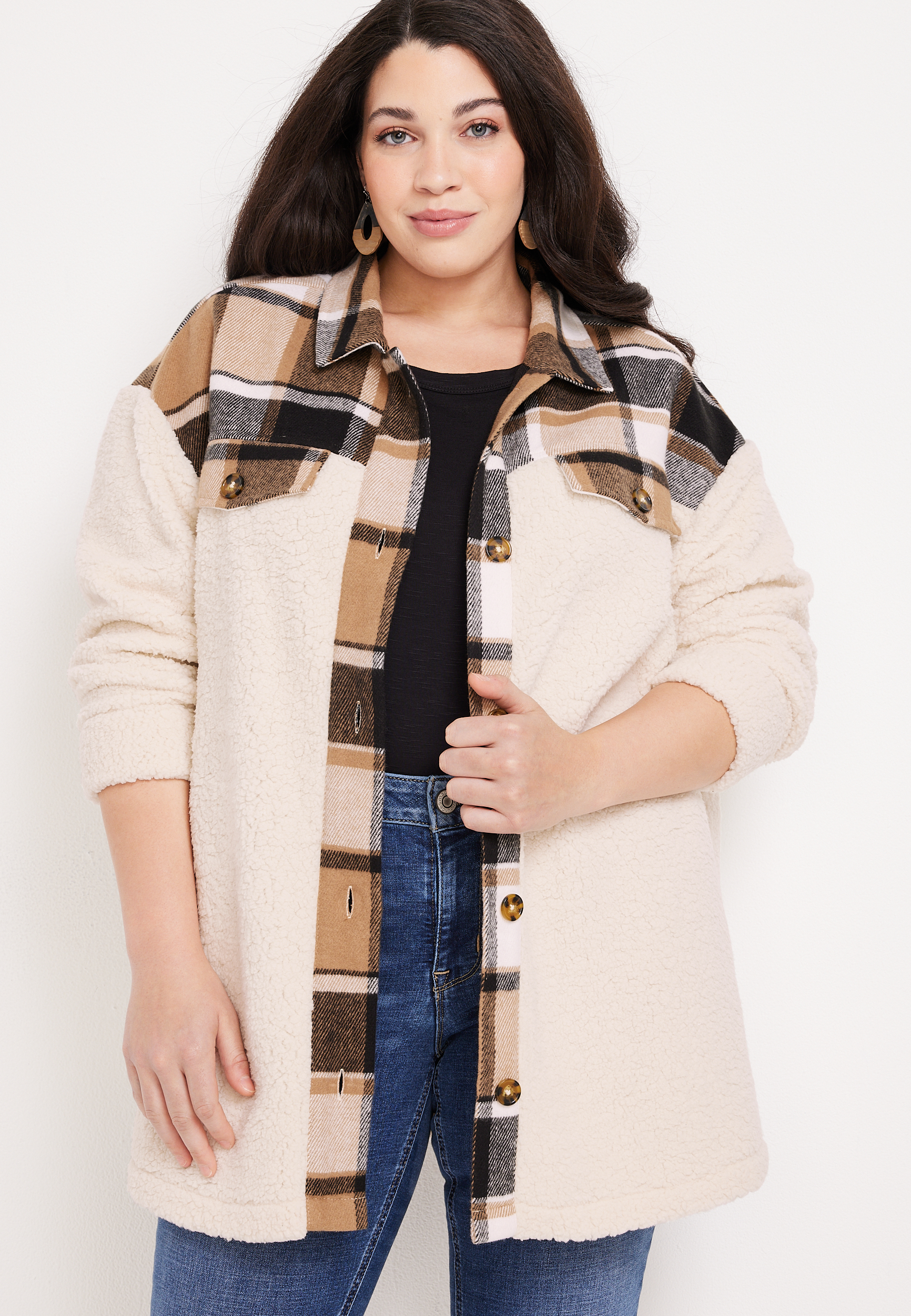 Plus Size Brown Plaid Sherpa Shacket | maurices