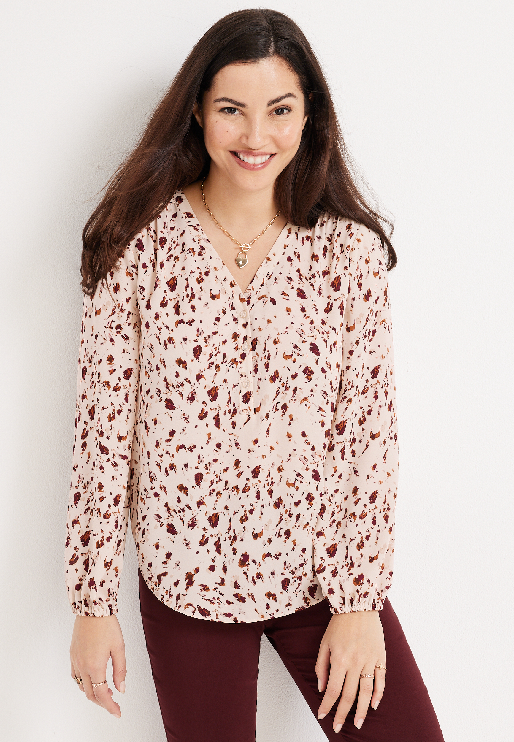 Printed Half Button Down Blouse | maurices