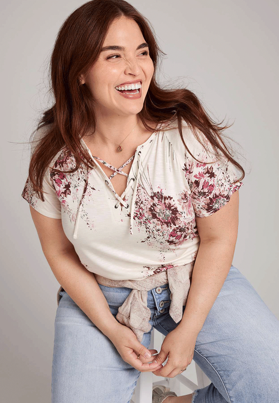 Plus Size Varsity Floral Lace Up V Neck Tee | maurices