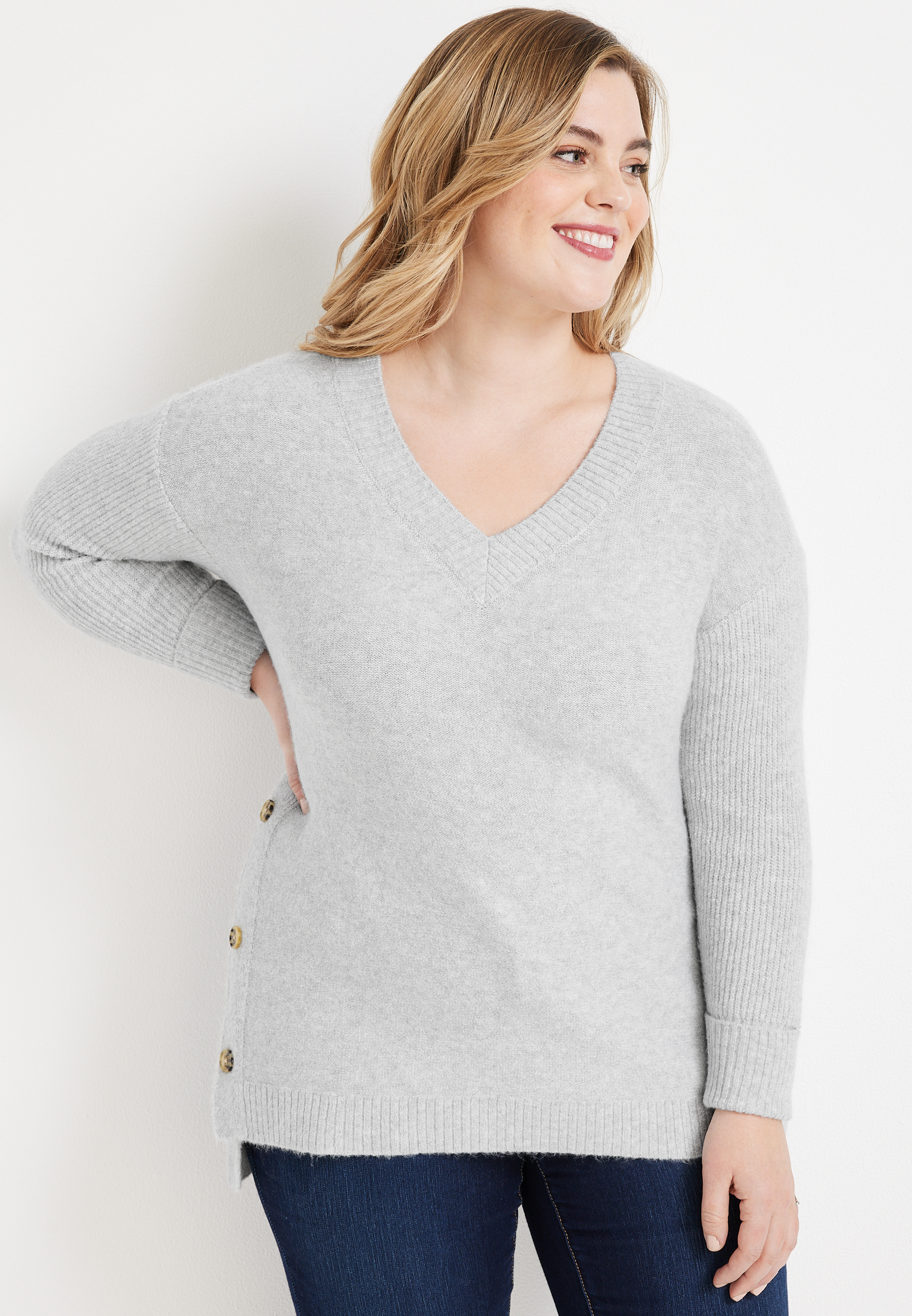Plus Size V Neck Side Button Sweater | maurices