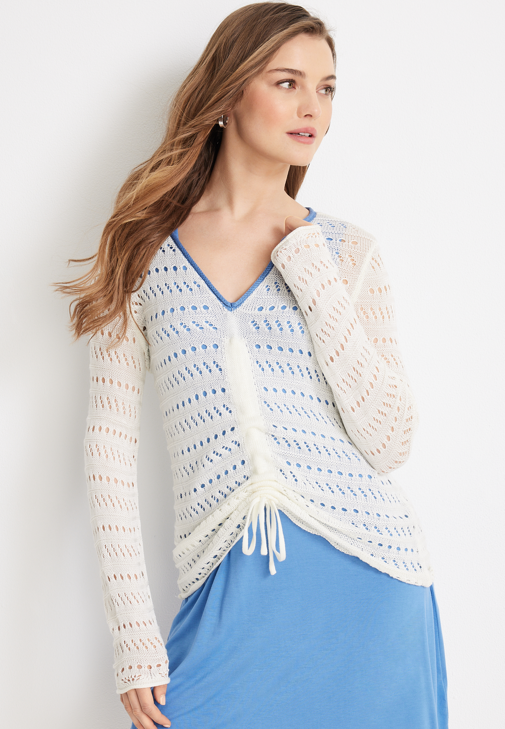 Striped Trim Cinch Front Open Stitch Sweater | maurices