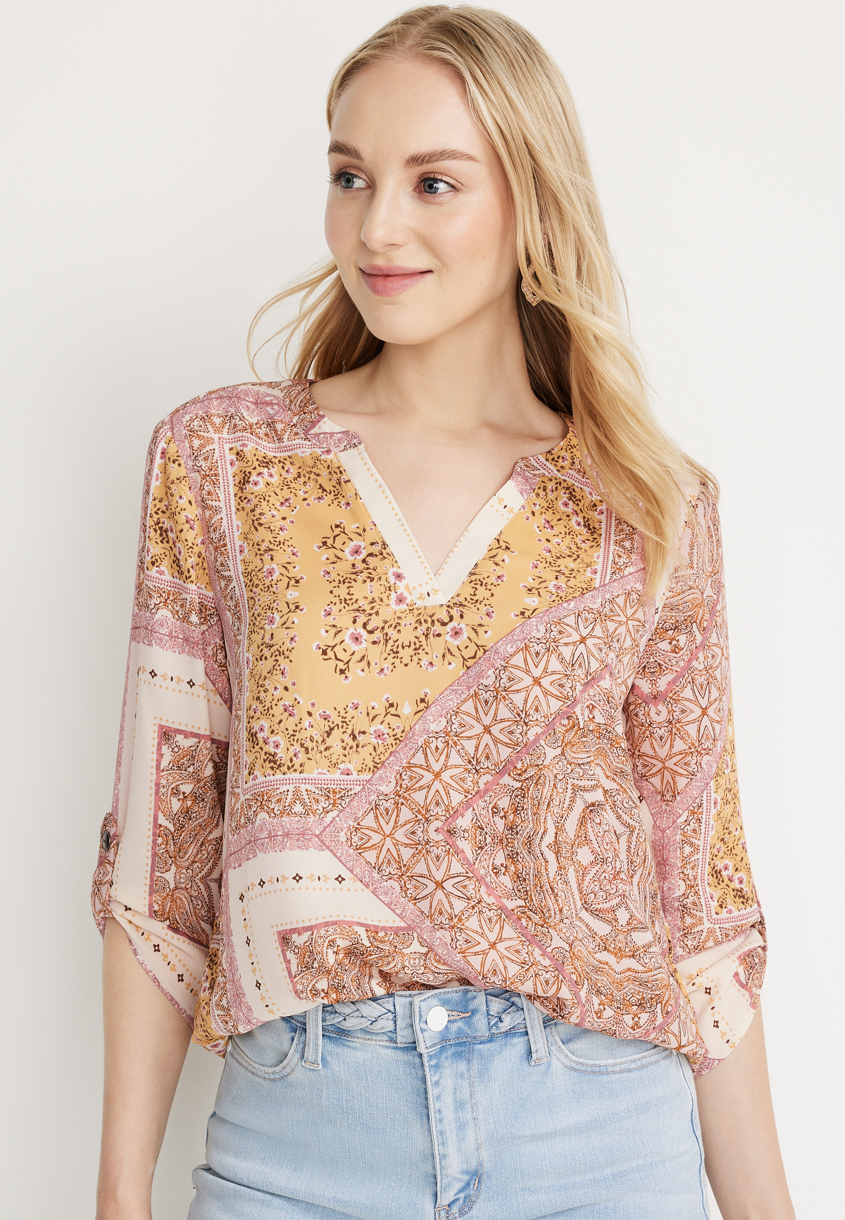 Atwood Patchwork 3/4 Sleeve Popover Blouse | maurices