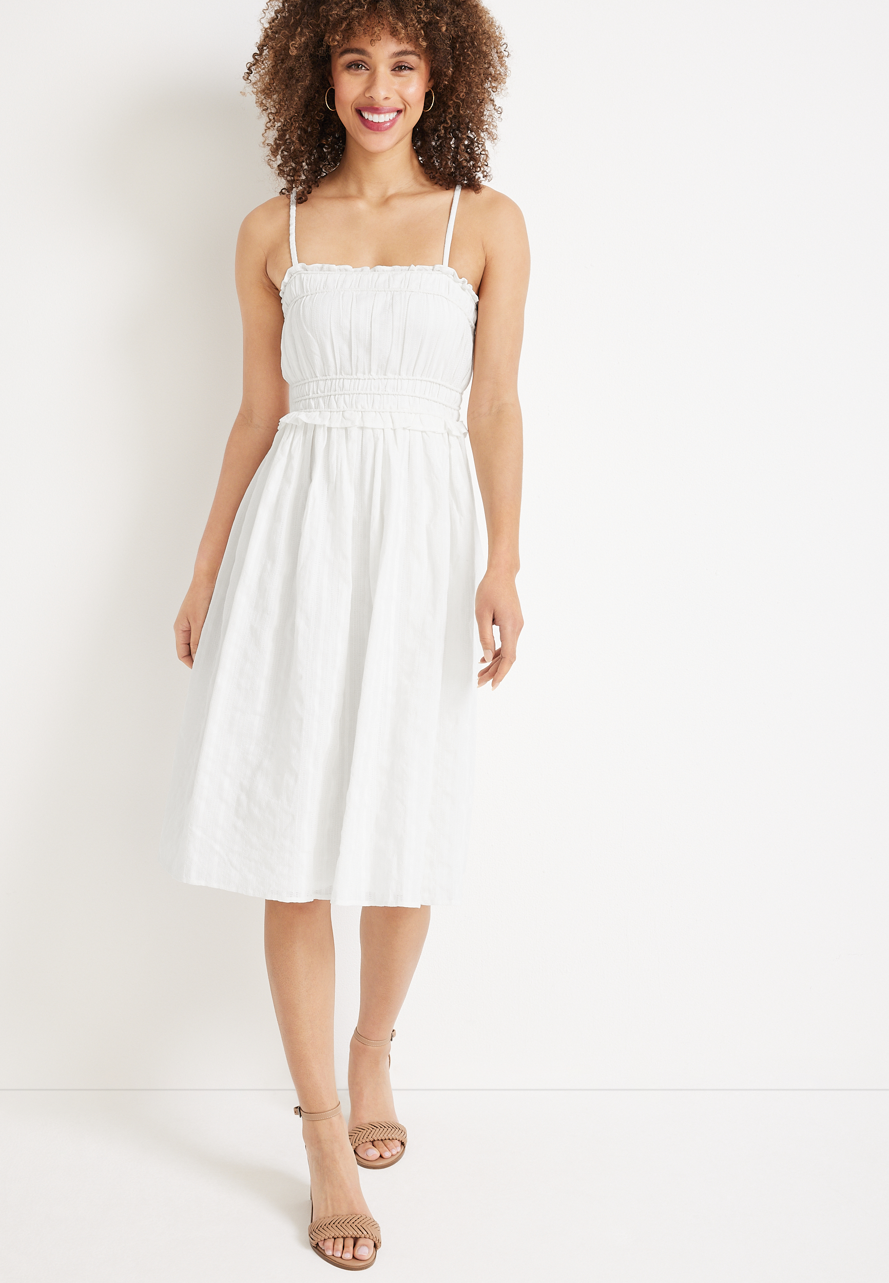 White Smocked Waist Midi Dress | maurices