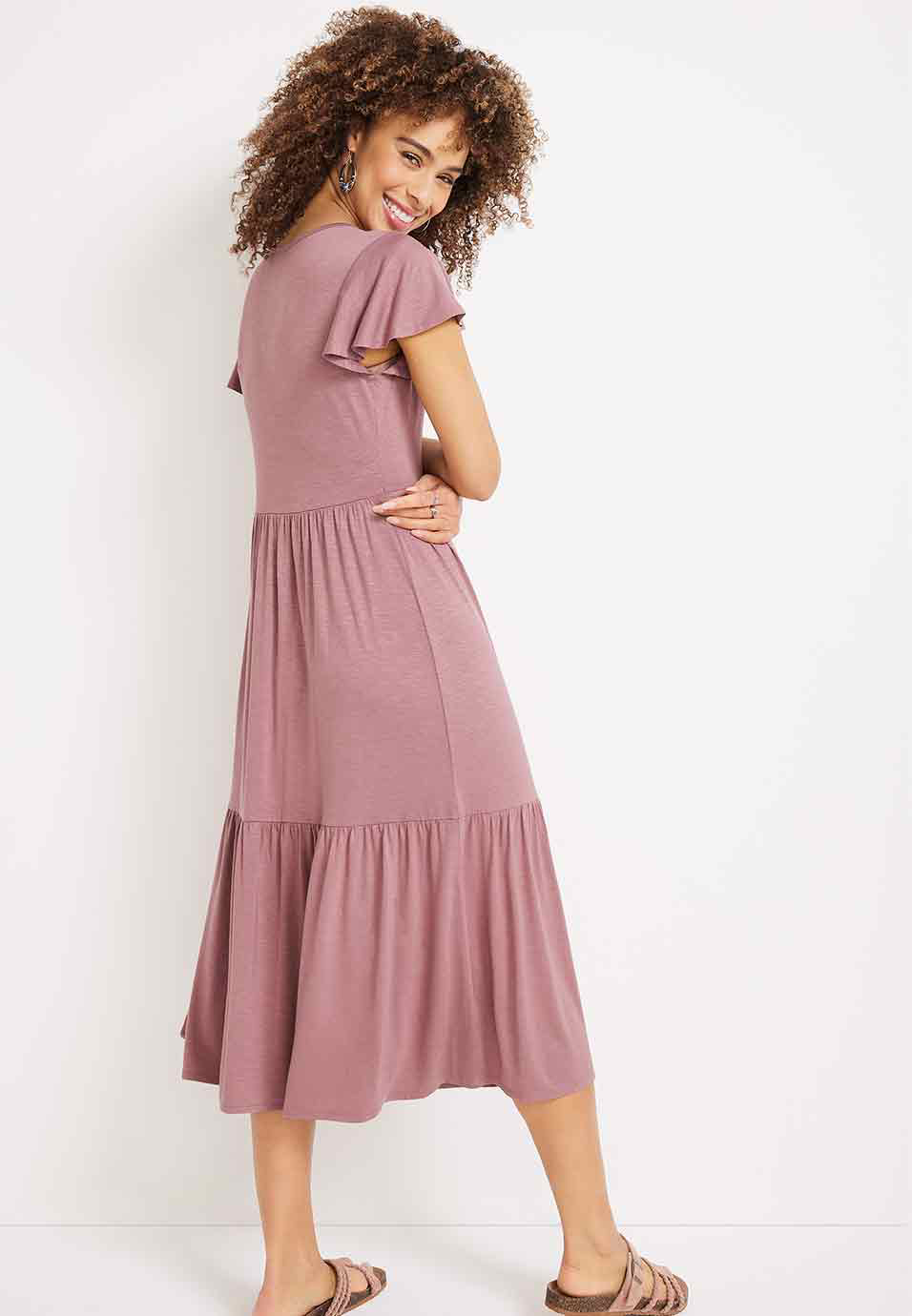 24/7 Solid Flutter Sleeve Tiered Midi Dress | maurices