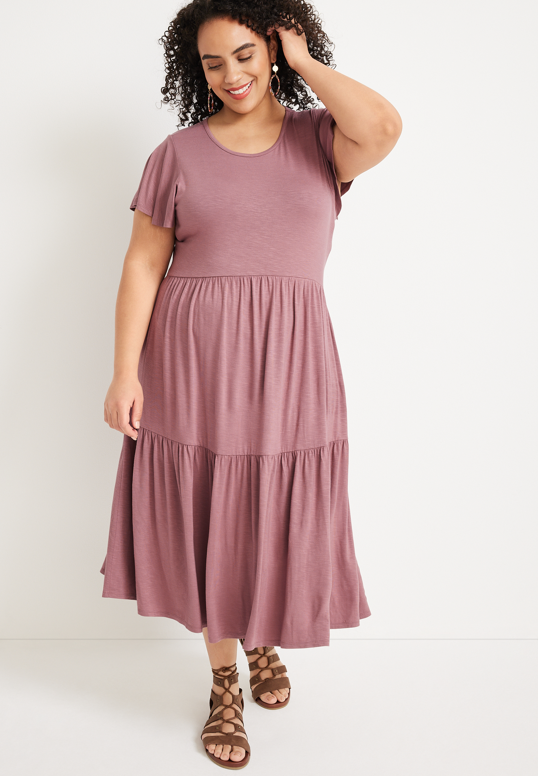 24/7 Plus Size Solid Flutter Sleeve Tiered Midi Dress | maurices