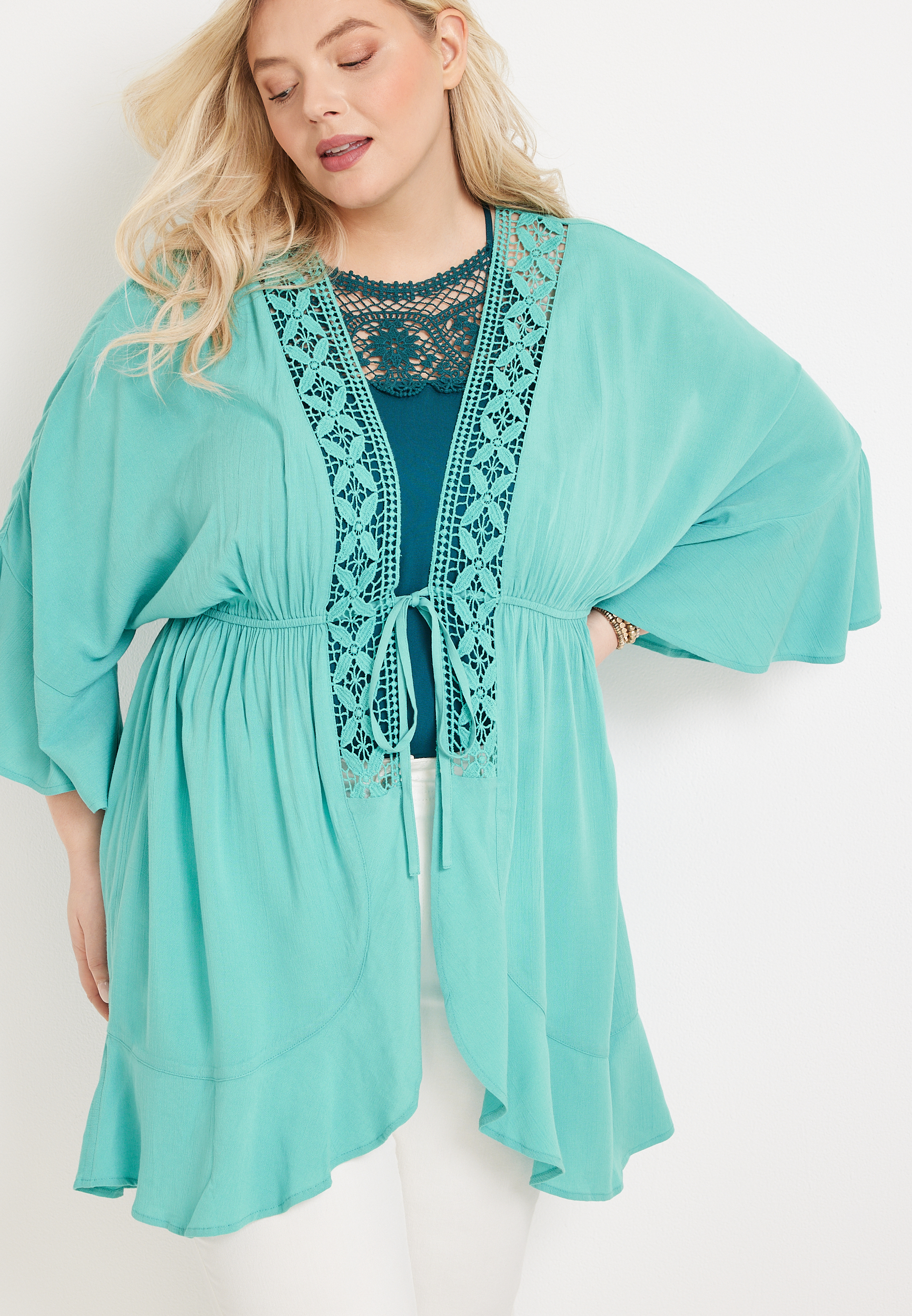 Plus Size Front Tie Crochet Trim Kimono | maurices