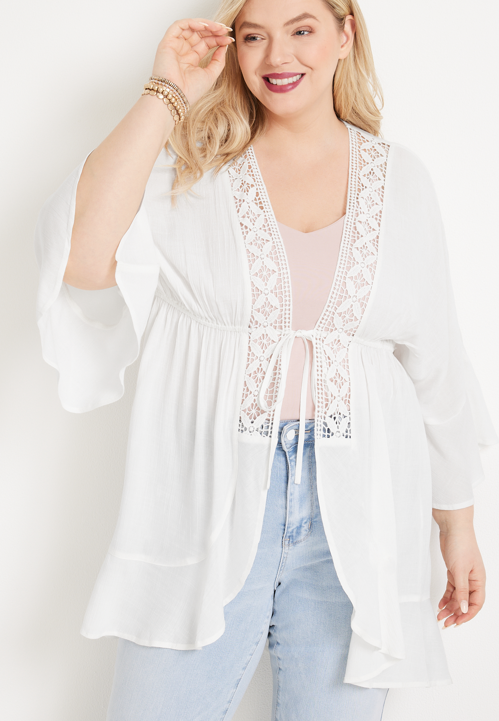 Plus Size Front Tie Crochet Trim Kimono | maurices