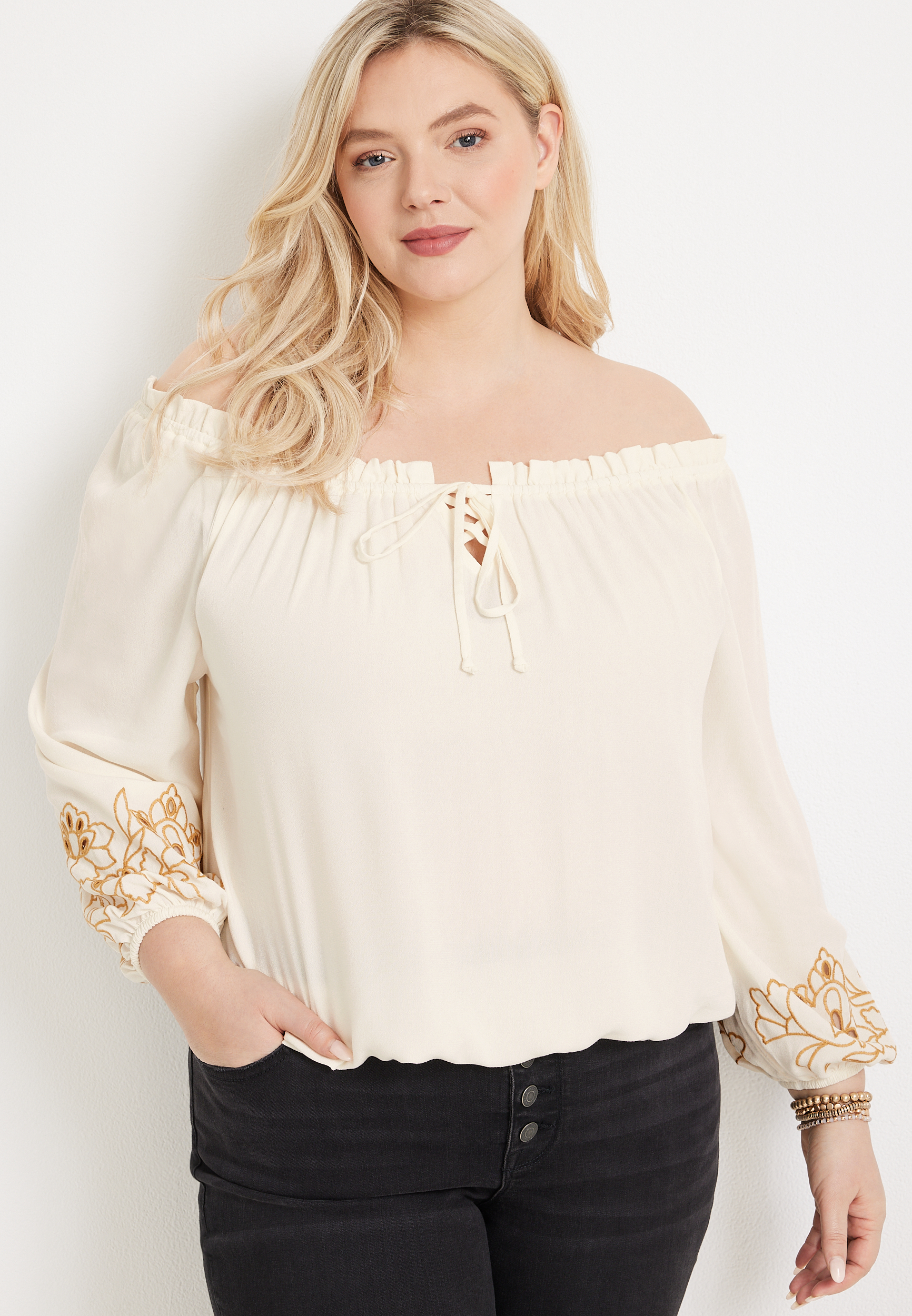 Plus Size Embroidered Floral Cuff Off The Shoulder Blouse | maurices
