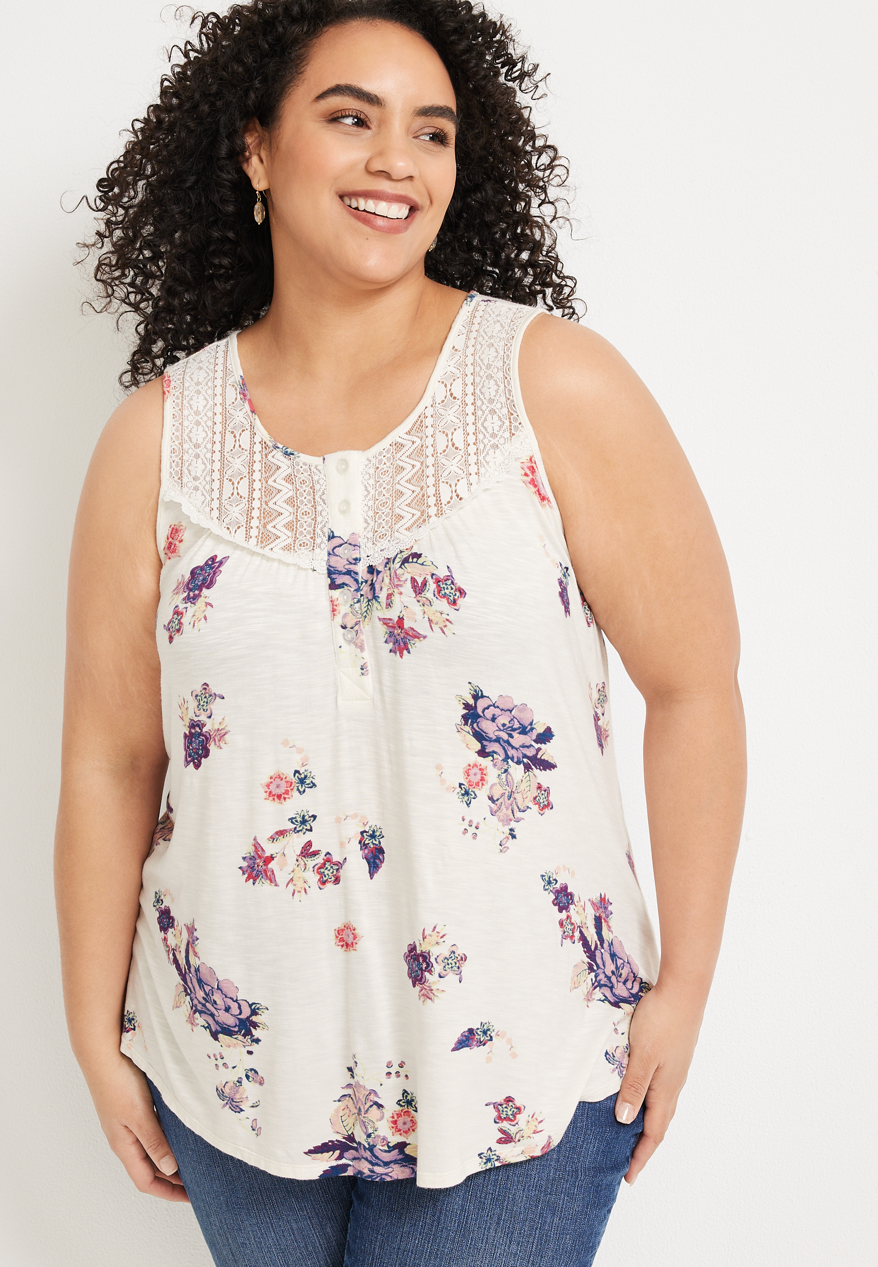 Plus Size Floral Lace Trim Henley Tank Top | maurices