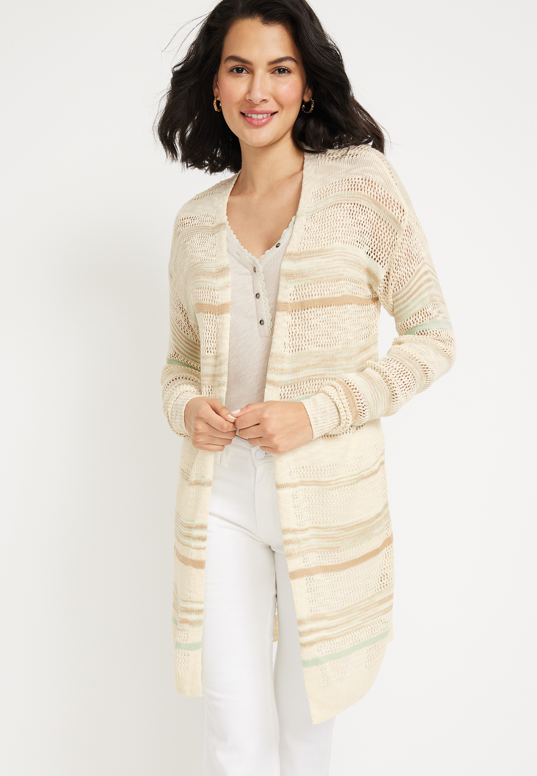 Striped Pointelle Open Front Cardigan | maurices
