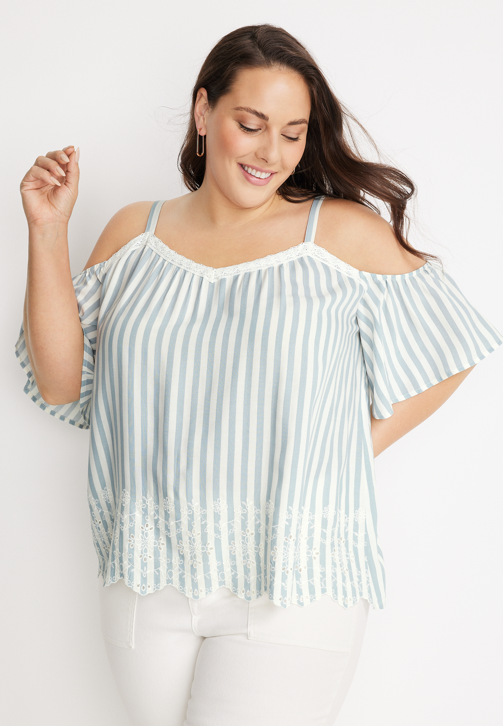 Plus Size Embroidered Stripe Cold Shoulder Top | maurices