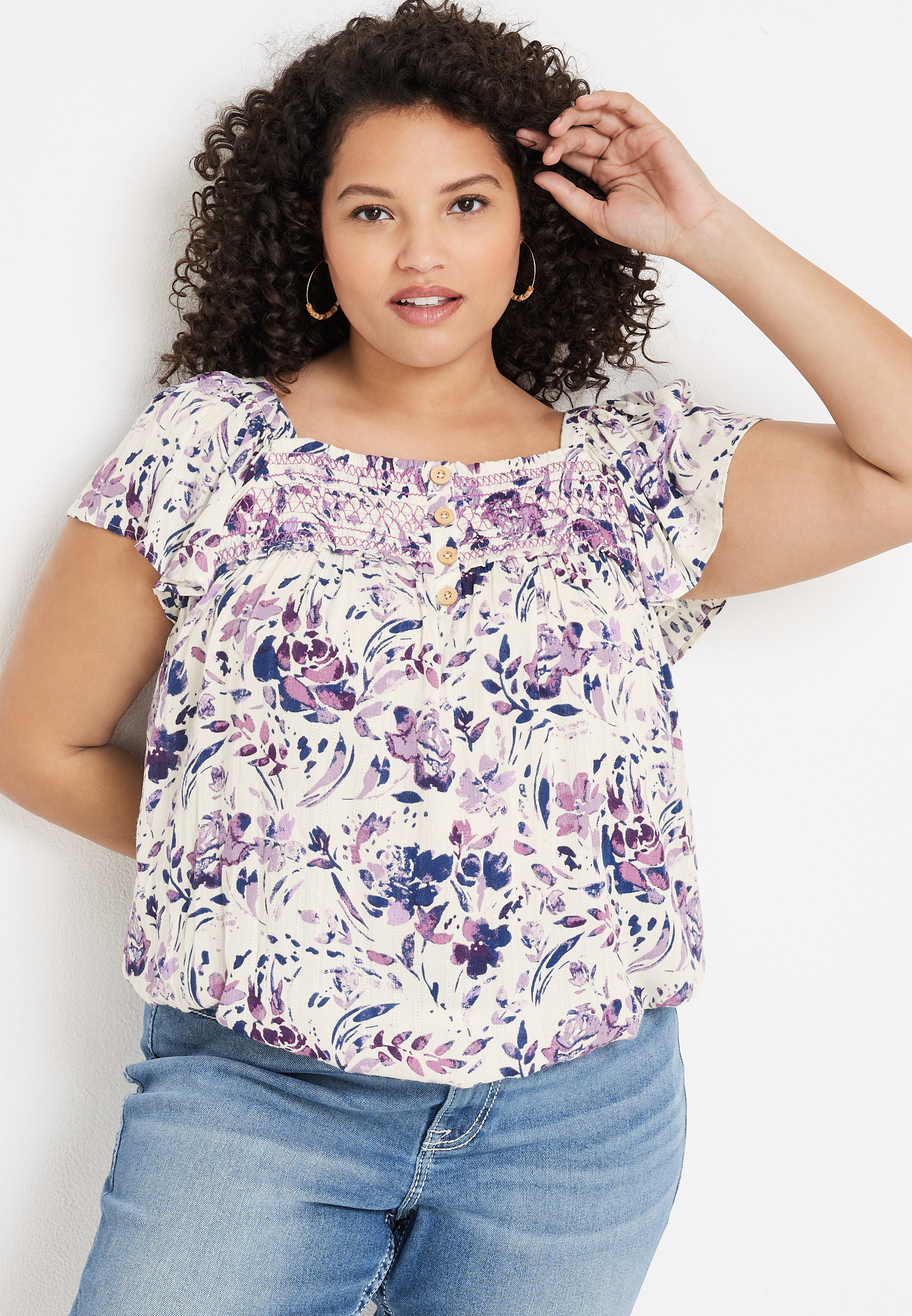 Plus Size Floral Smocked Button Front Blouse Maurices