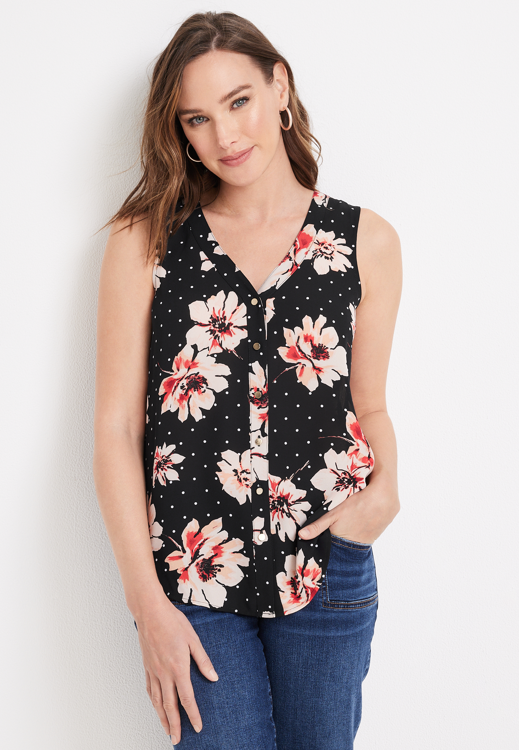 Madison Floral Button Down Tank Top | maurices