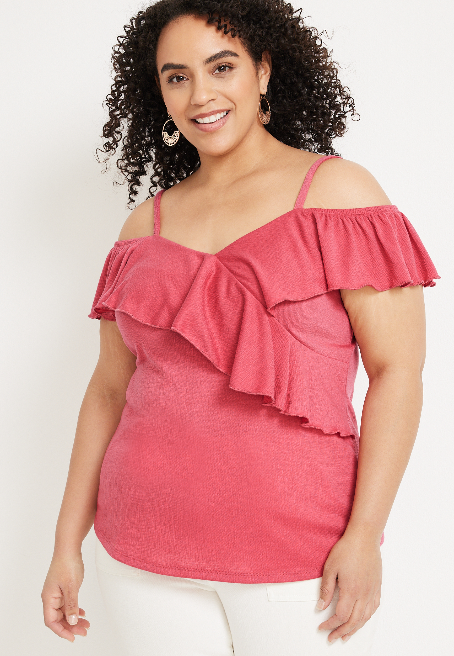 Plus Size Ruffle Trim Cold Shoulder Top | maurices