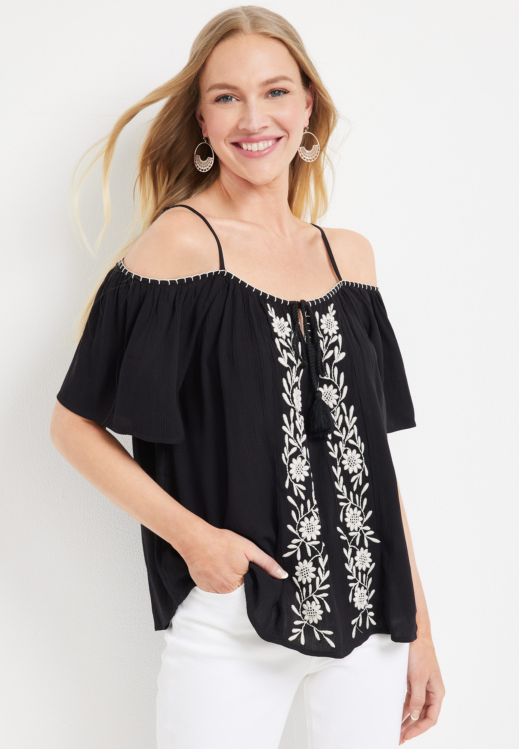 Floral Embroidered Cold Shoulder Top | maurices