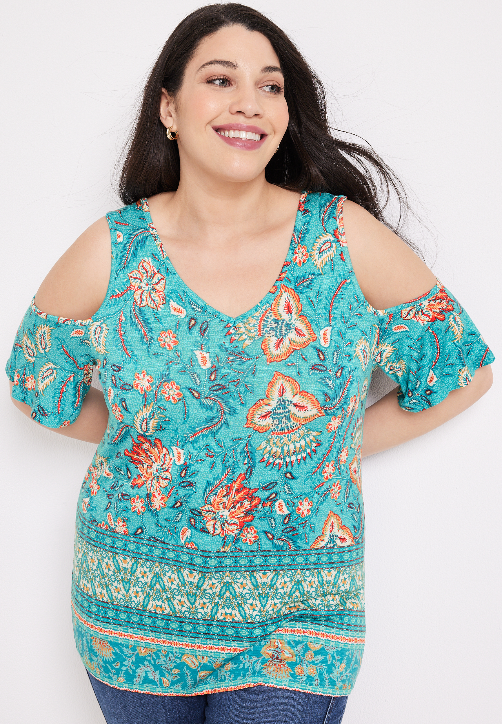 Plus Size Floral Strappy Cold Shoulder Top Maurices