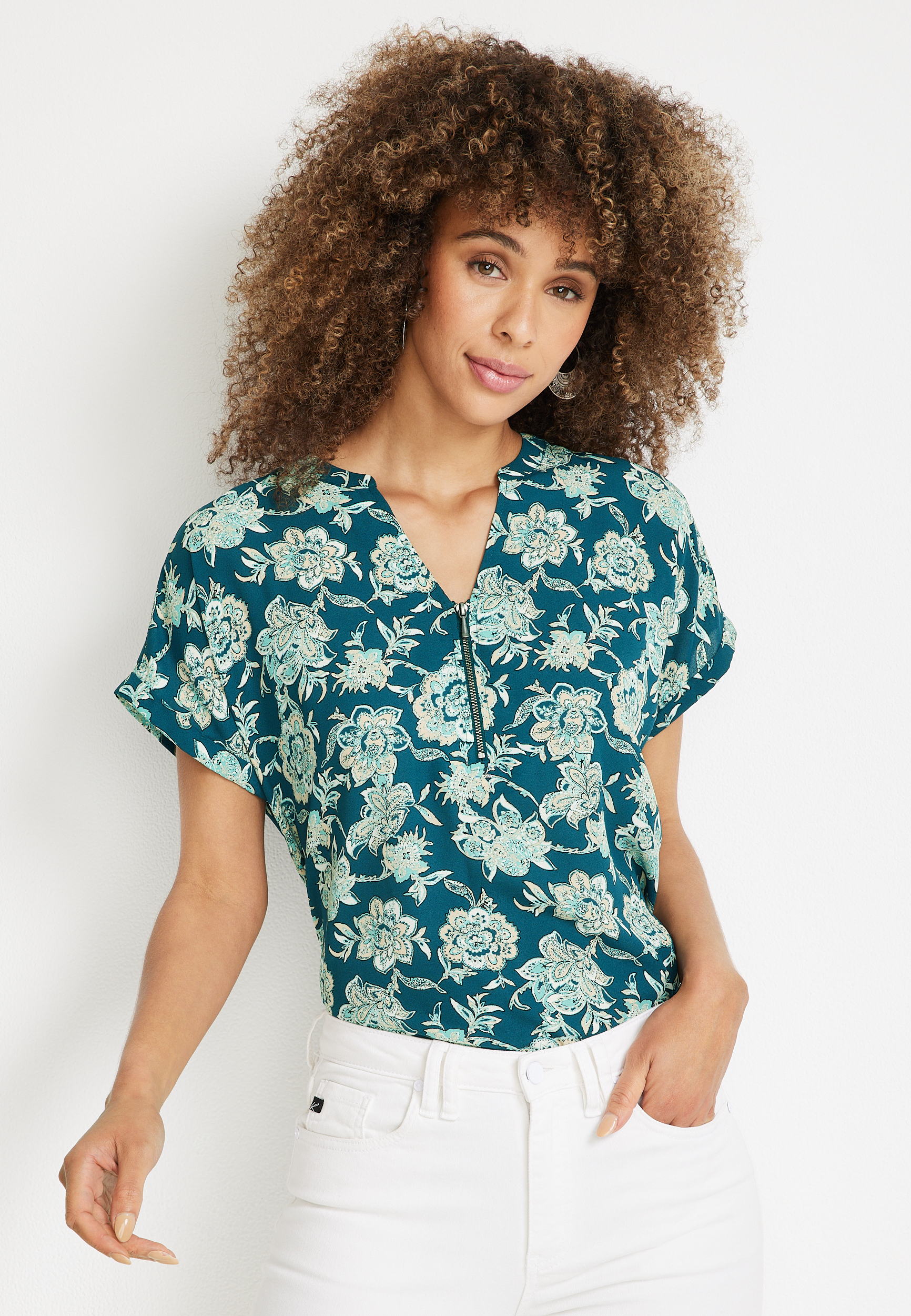 Geneva Paisley Zipper Neck Blouse | maurices