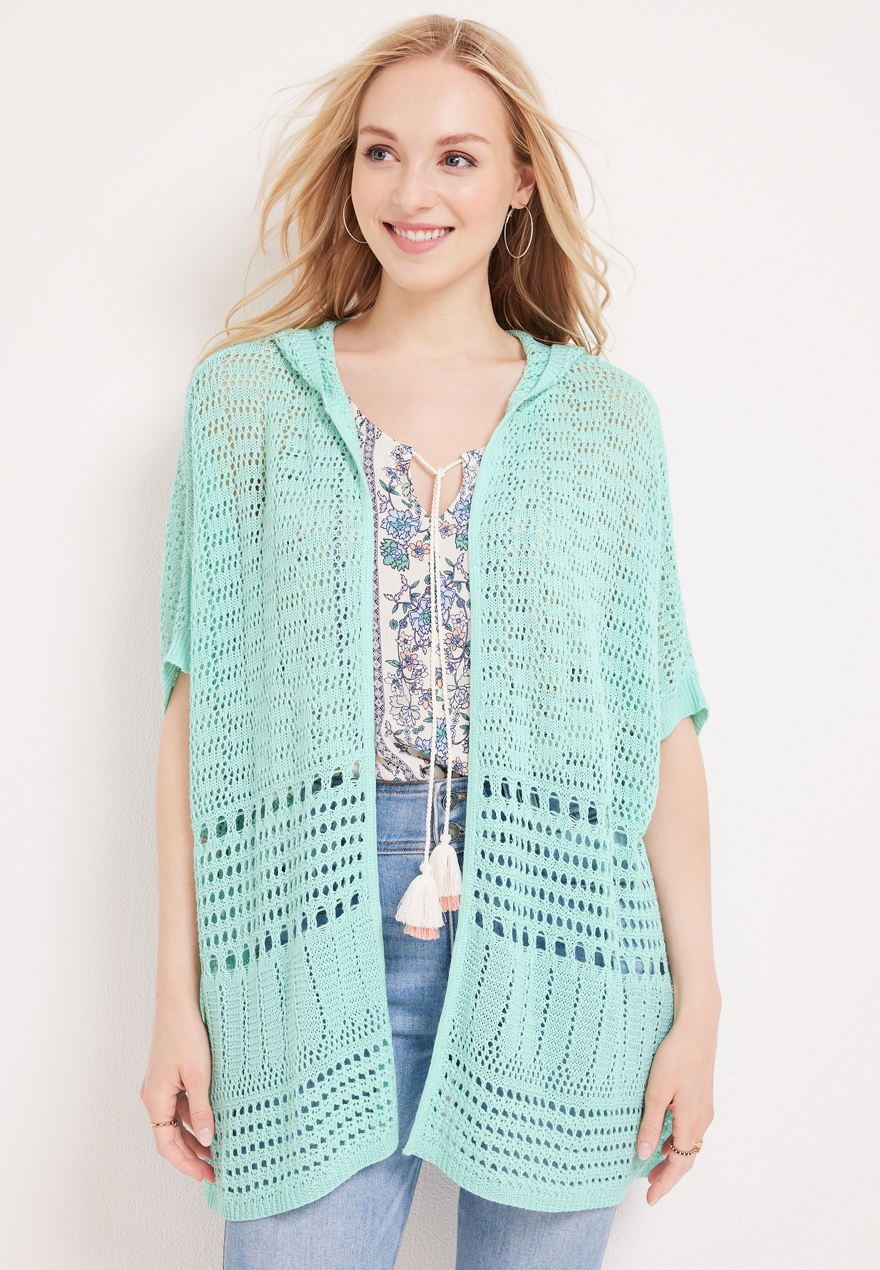 Pointelle Open Front Hooded Cardigan | maurices
