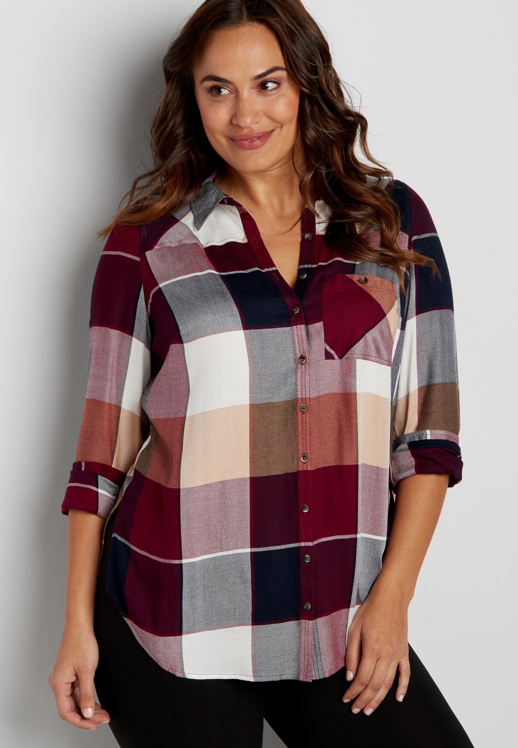 plus size button down buffalo plaid tunic top with button back | maurices