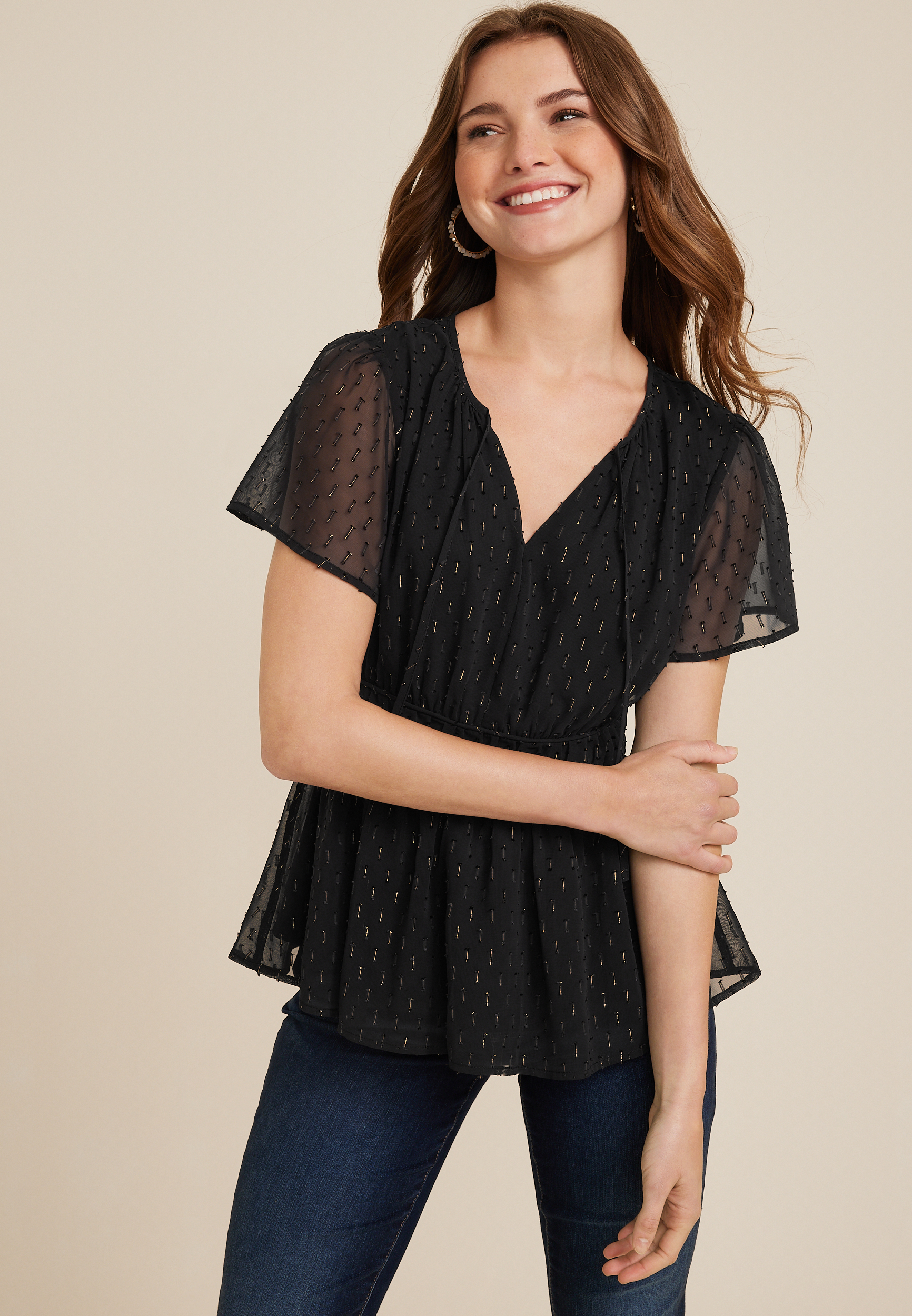 Black Metallic Sheer Peplum Blouse | maurices