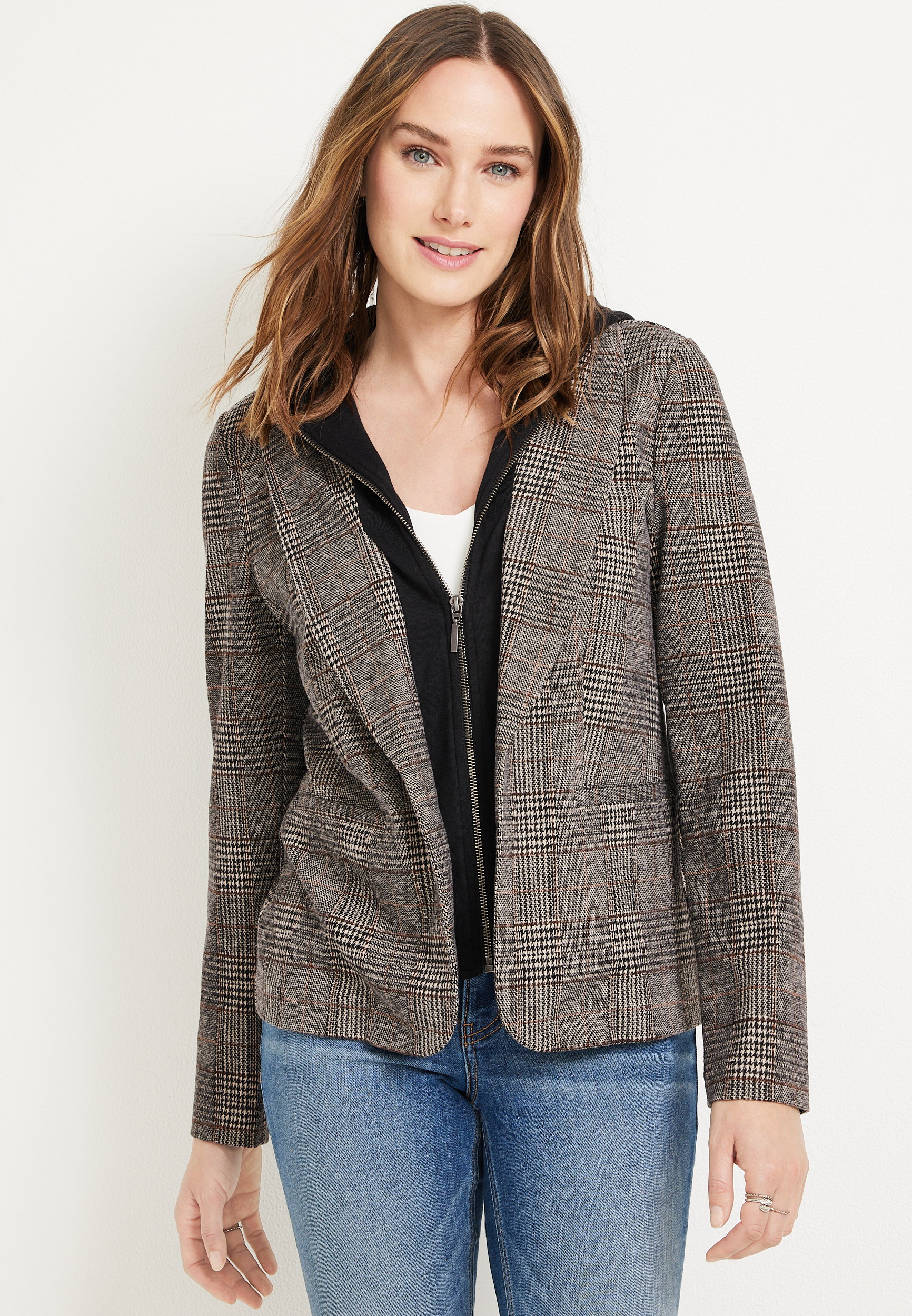 Plaid Twofer Hoodie Blazer Maurices