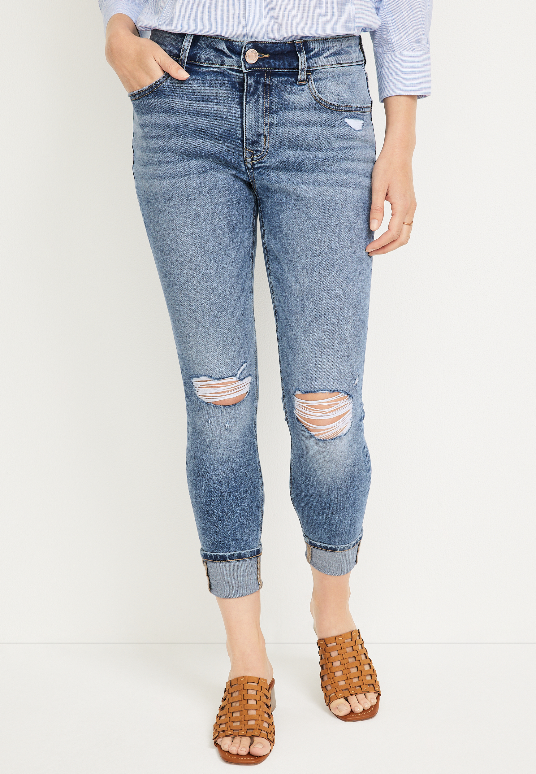 m jeans by maurices™ Super Skinny Ankle Mid Rise Ripped Jean | maurices