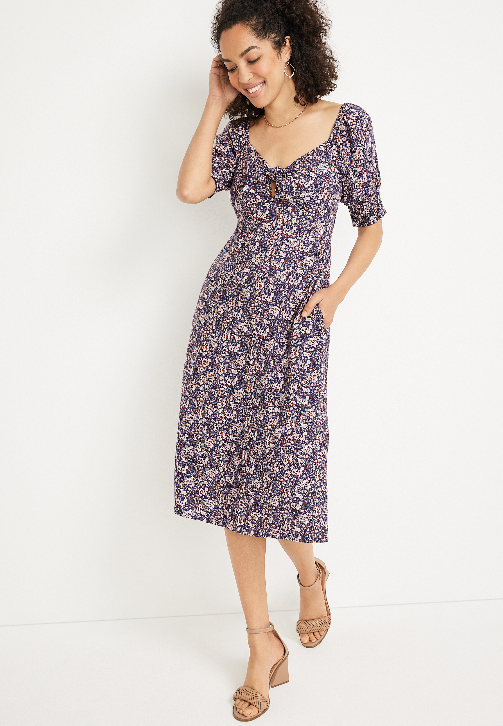 Floral Front Tie Midi Dress Maurices
