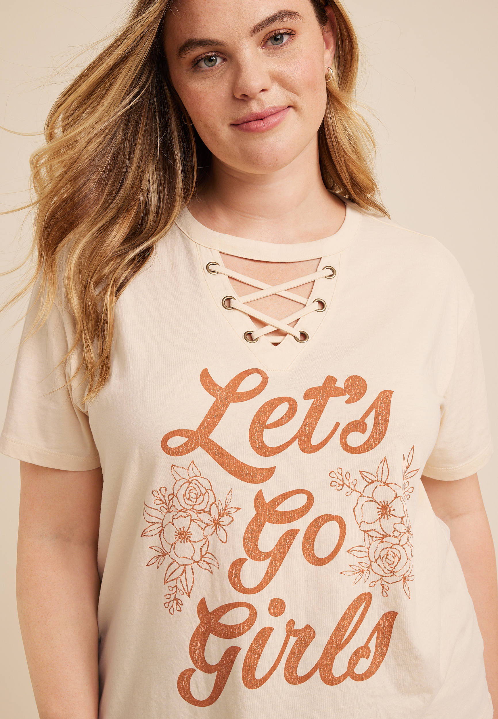Plus Size Let's Go Girls Lace Up Boyfriend Graphic Tee | maurices