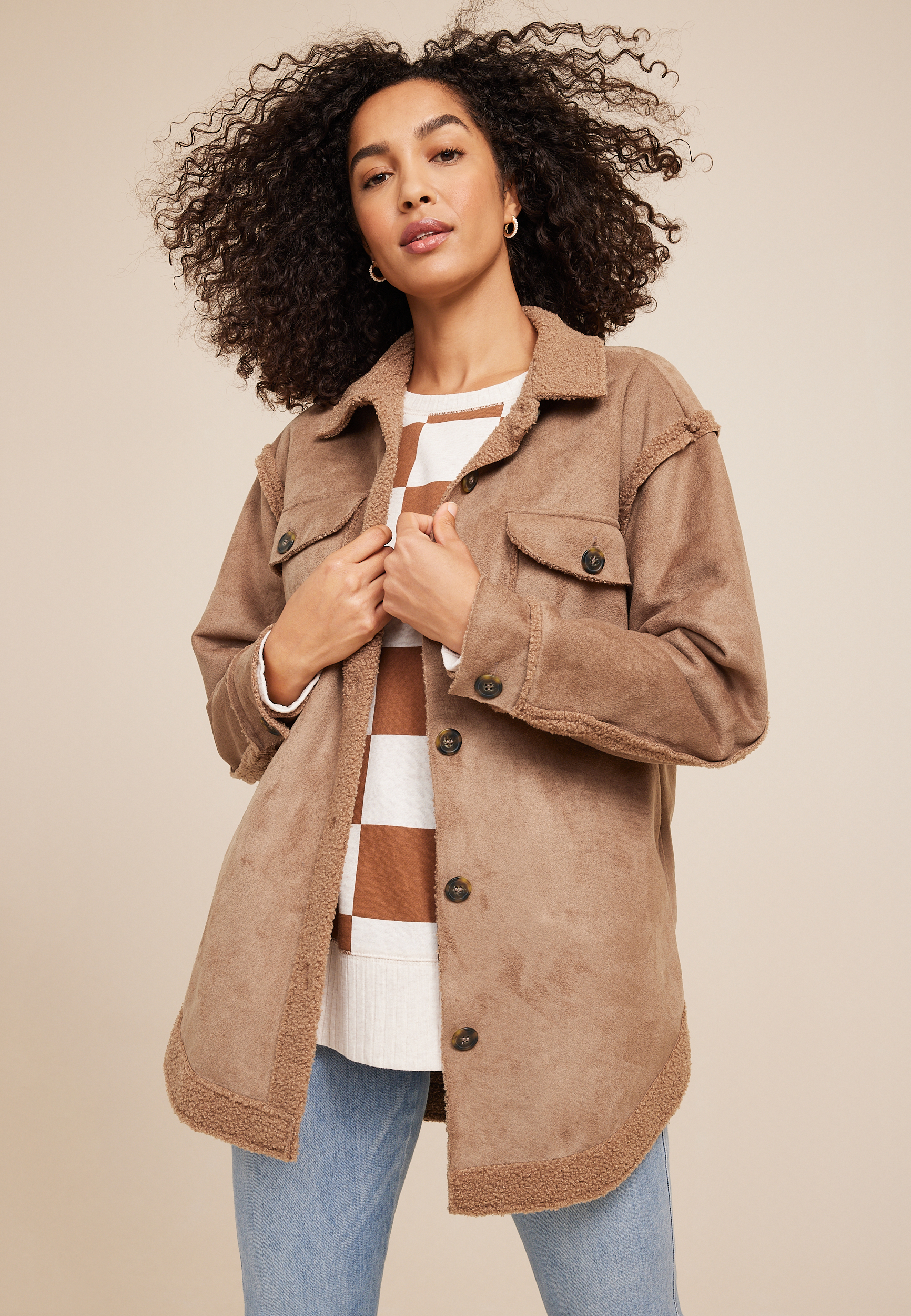 Teddy Lined Faux Suede Button Jacket | maurices