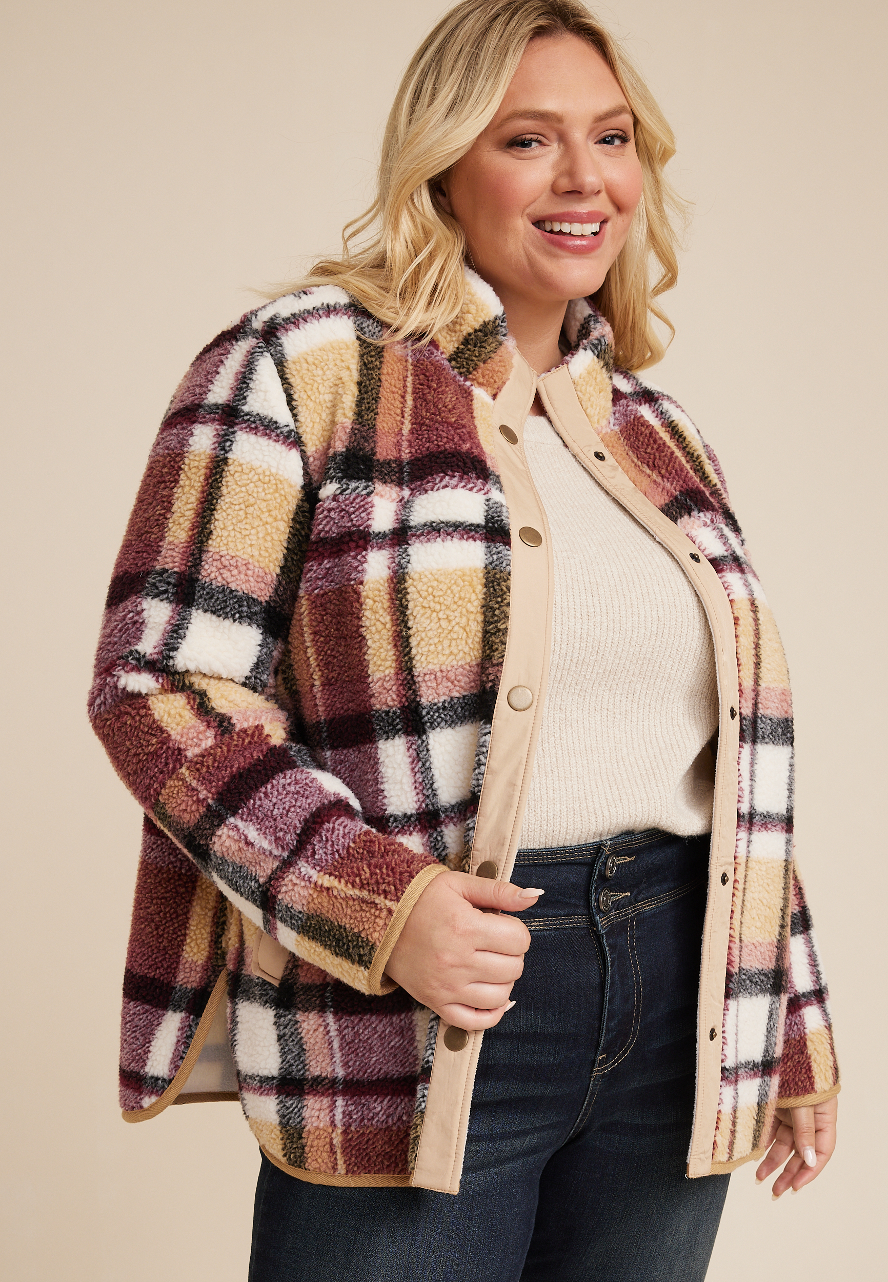 Plus Size Burgundy Plaid Sherpa Shacket | maurices