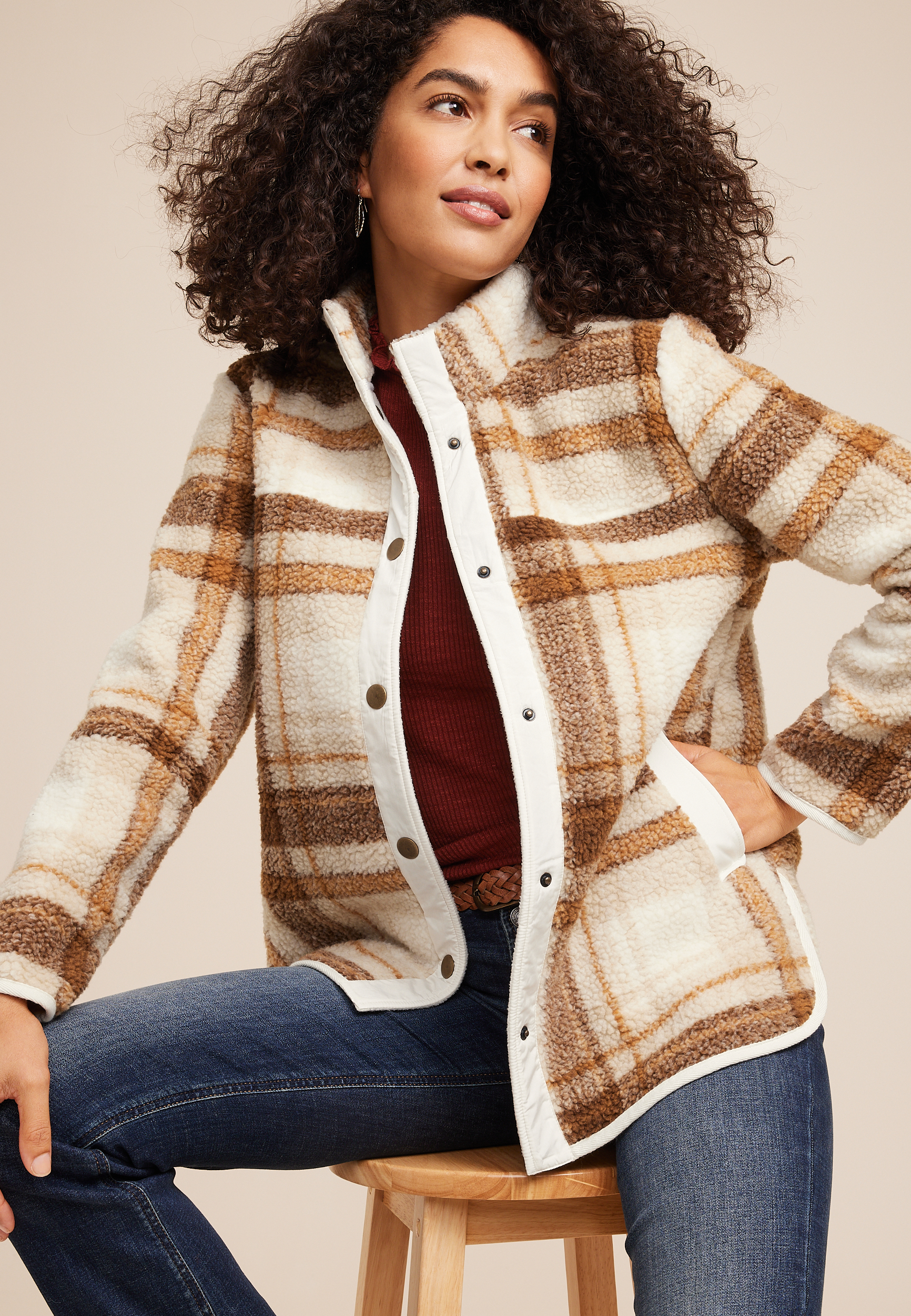Brown Arabella Plaid Sherpa Shacket | maurices