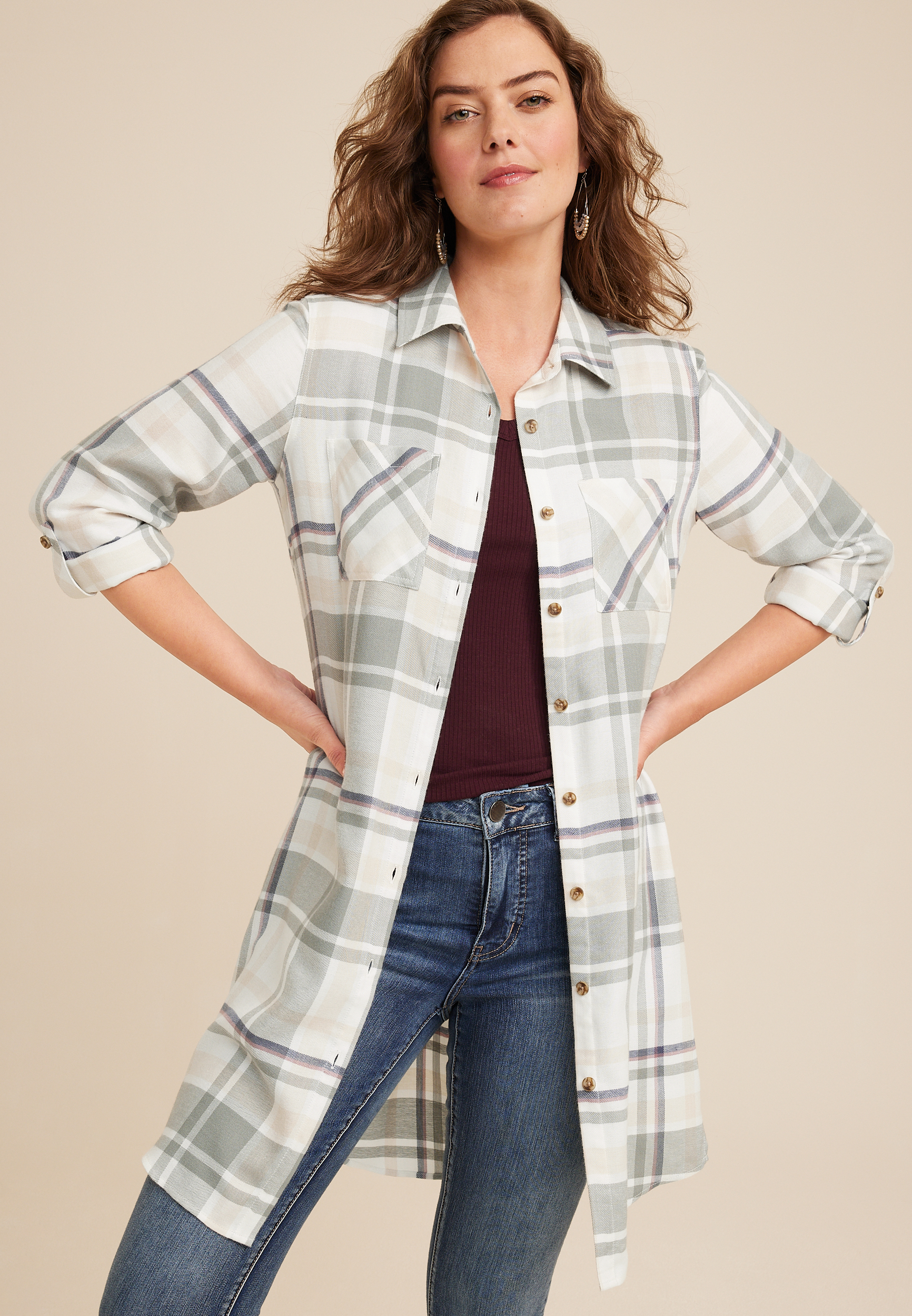 Plaid Button Front Duster | maurices