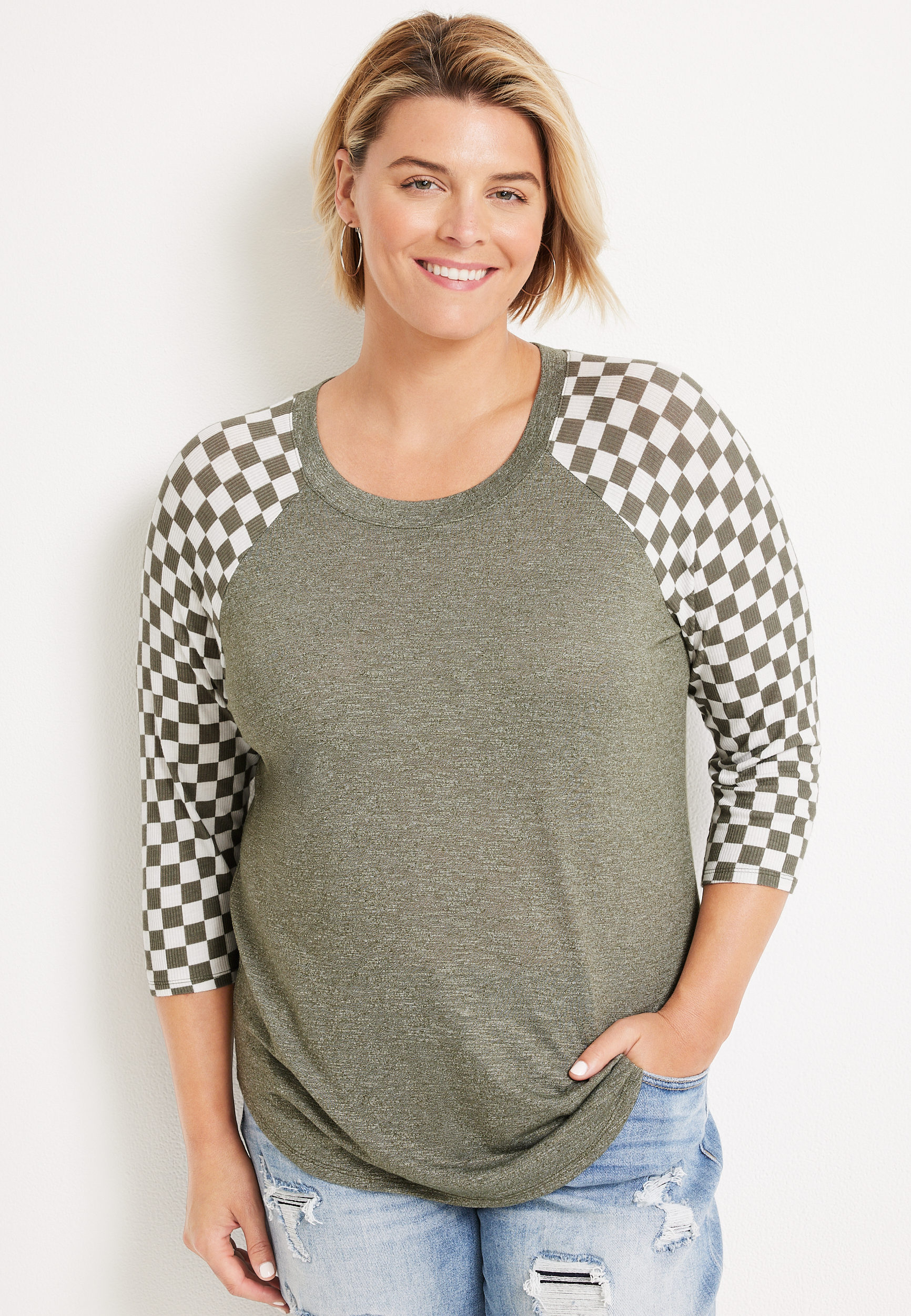 Plus Size 24/7 Blaine Checkered Sleeve Baseball Tee | maurices