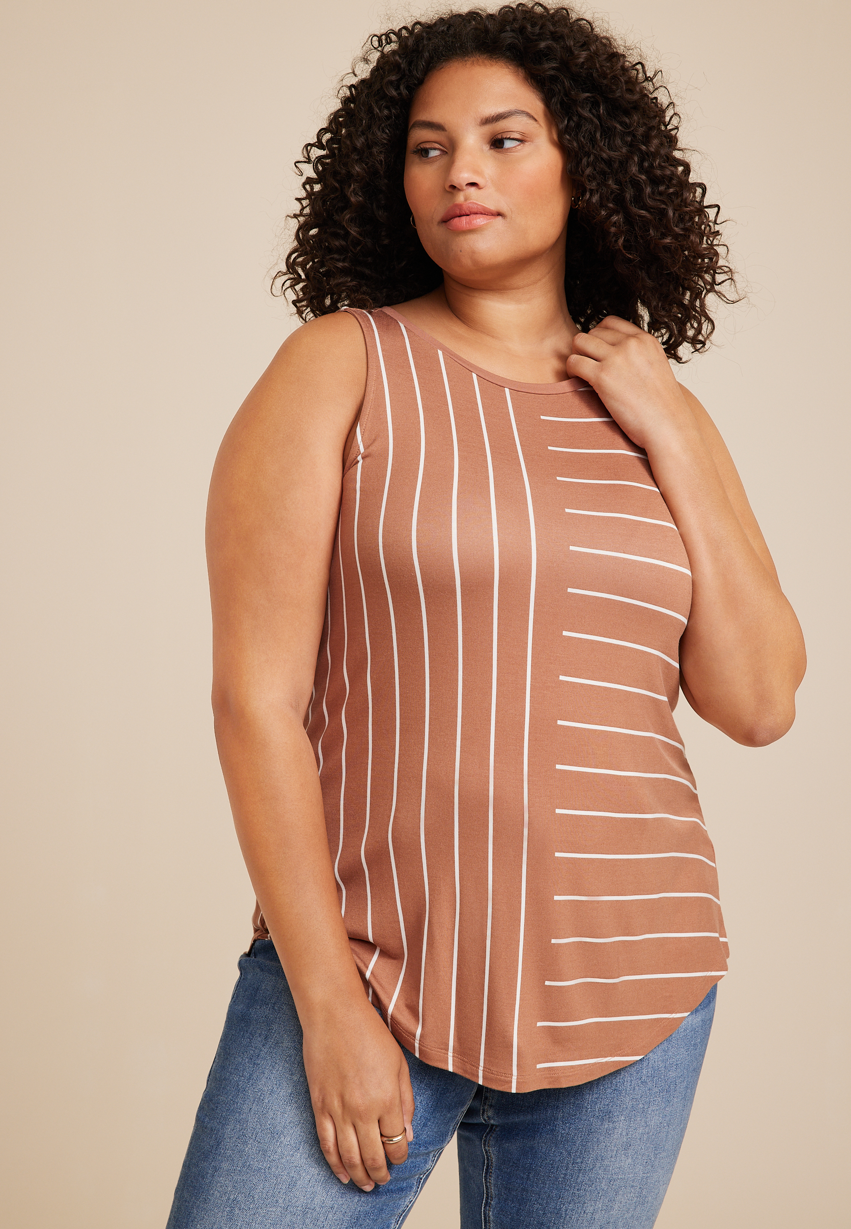 Plus Size 24/7 Mara Striped High Neck Tank Top | maurices