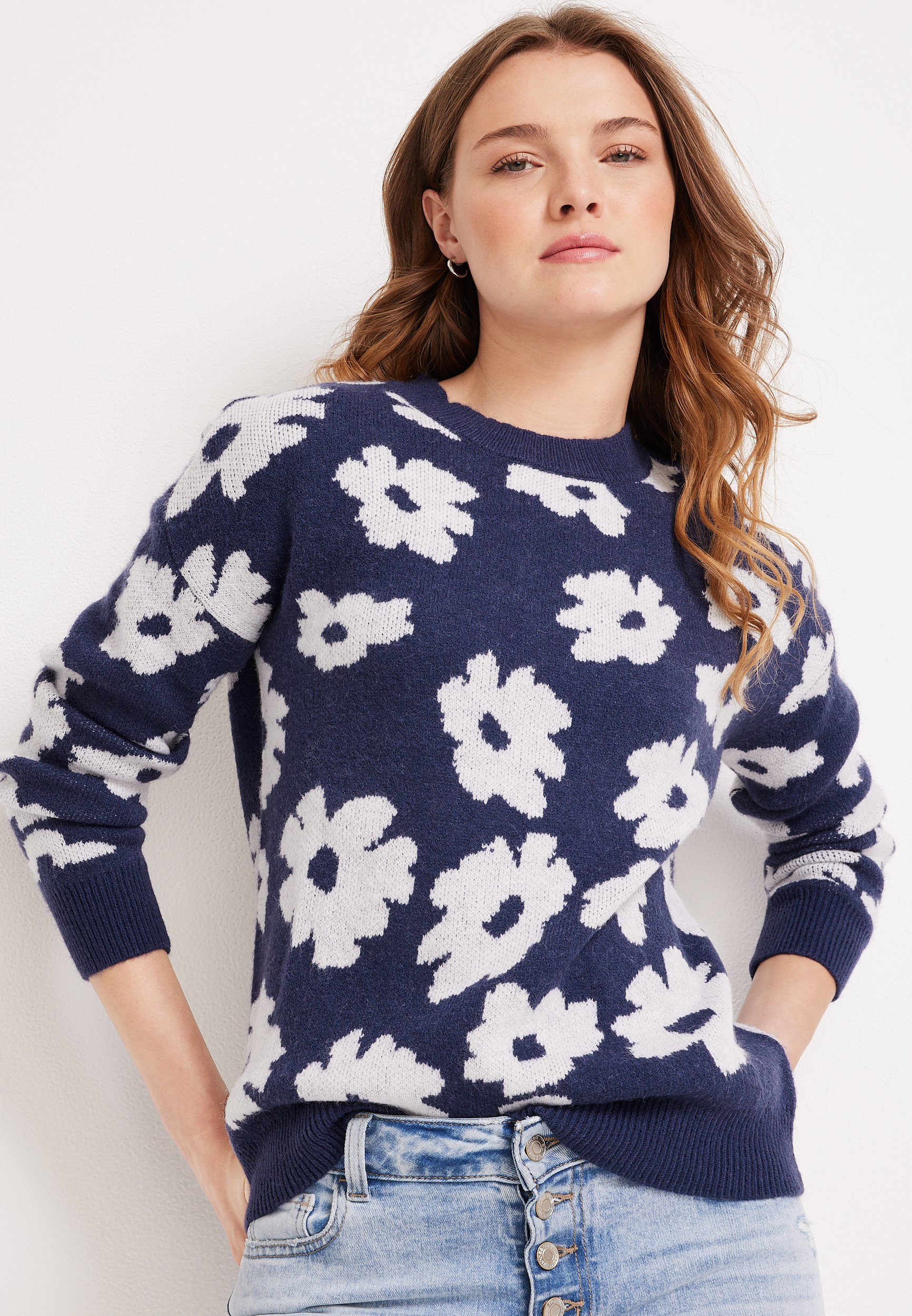 Blue Floral Jacquard Sweater | maurices