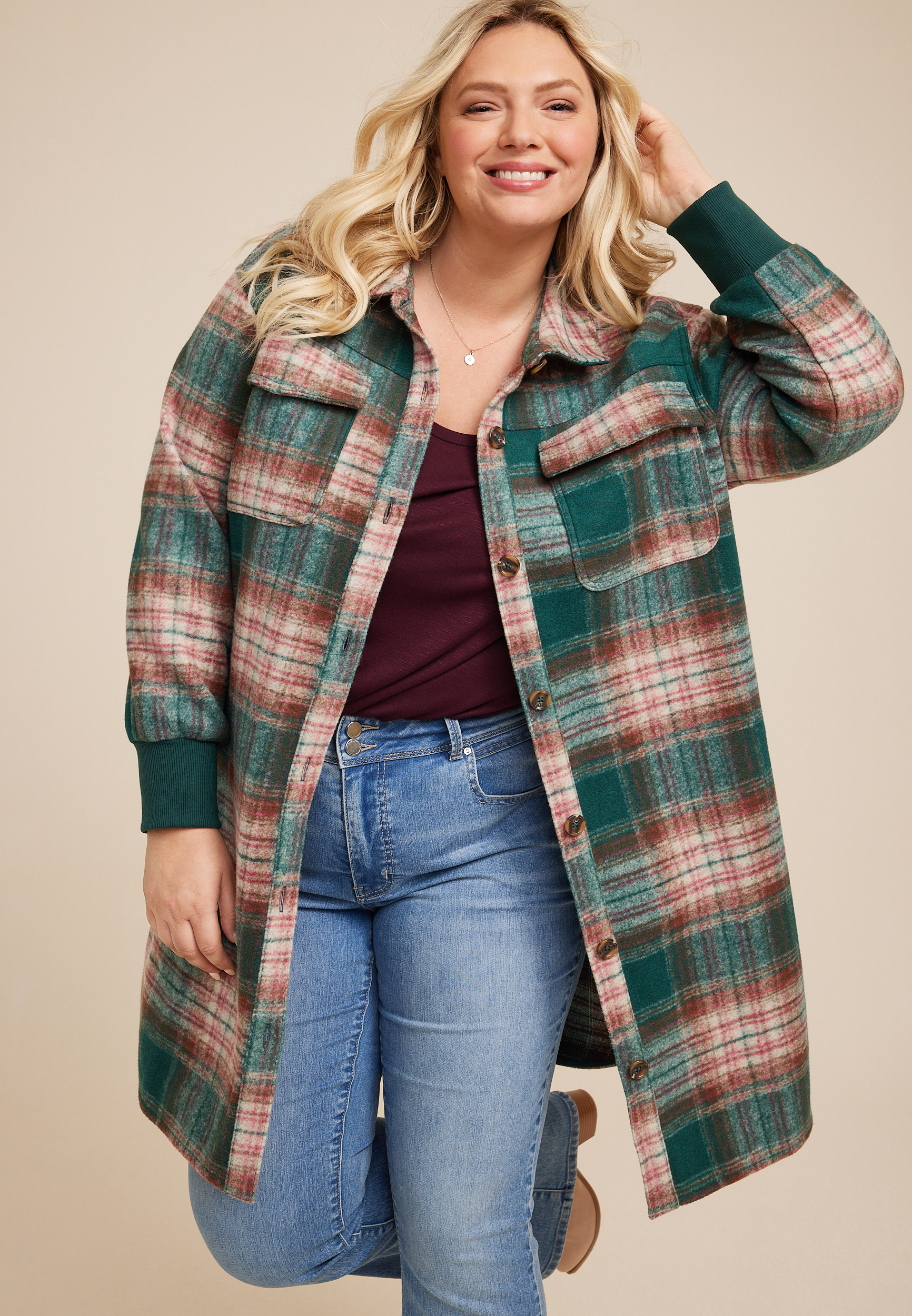 Plus Size Green Plaid Longline Shacket | maurices