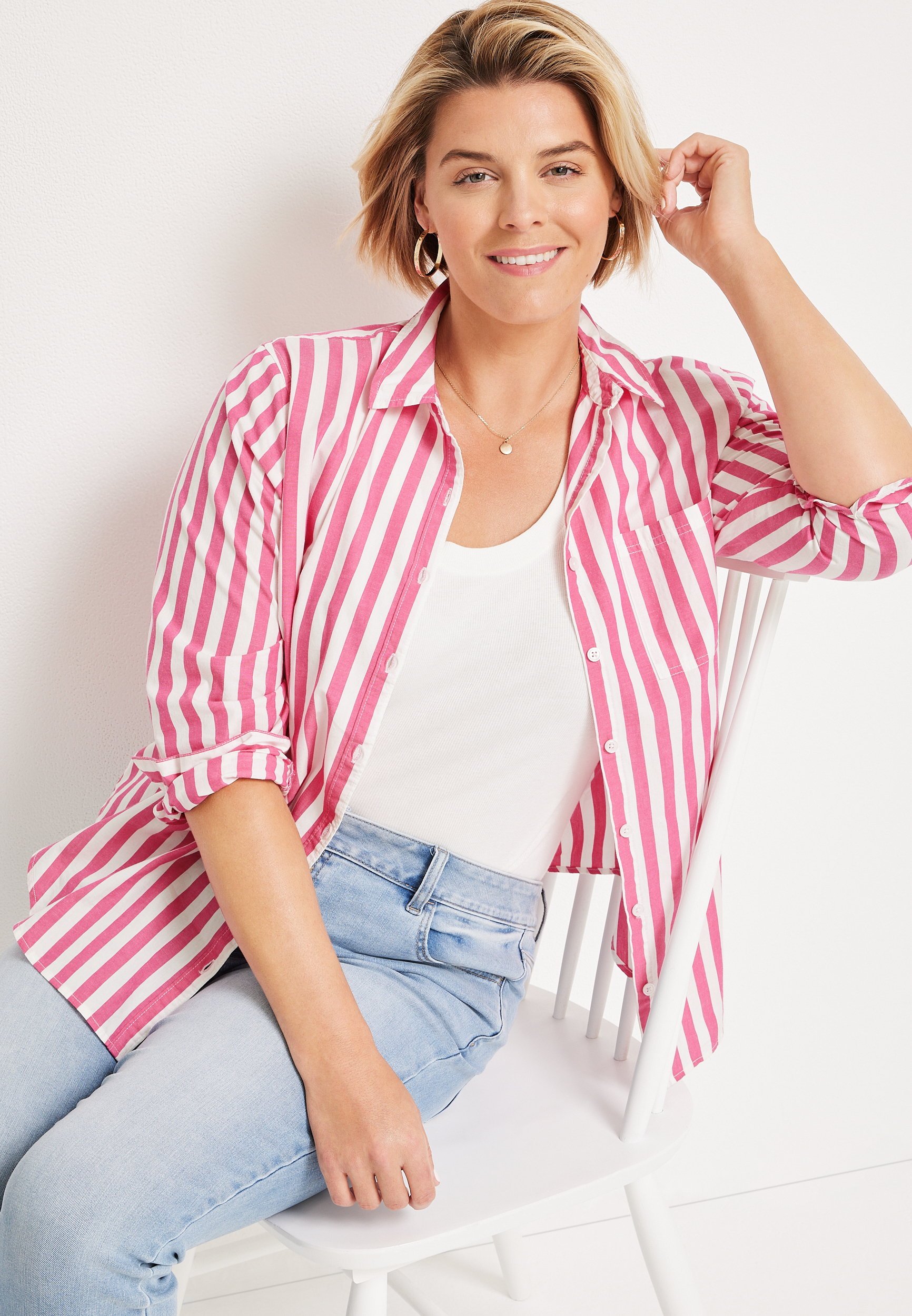 Plus Size Pink Striped Button Up Shirt | maurices
