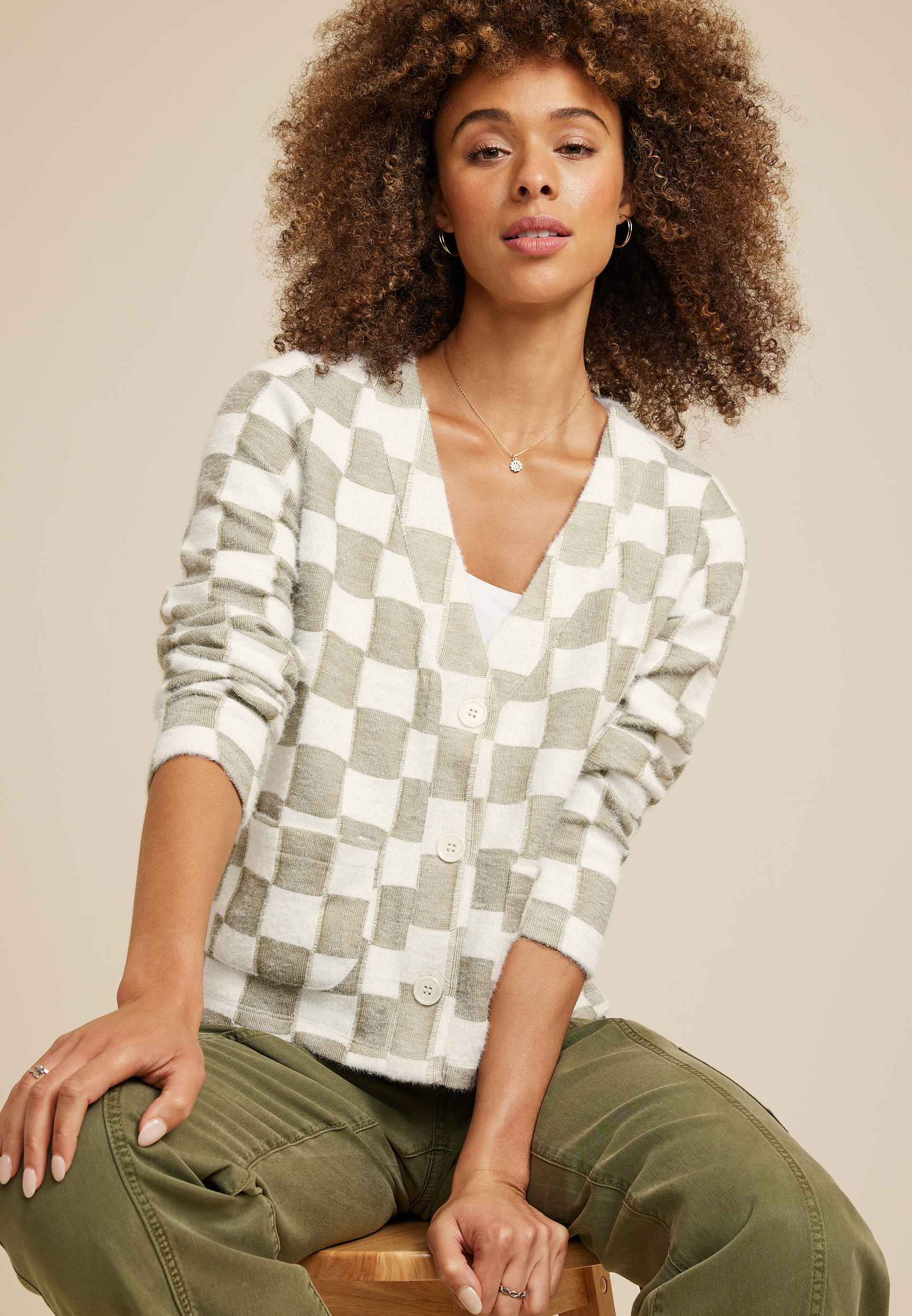 Green Checkered Button Down Cardigan | maurices