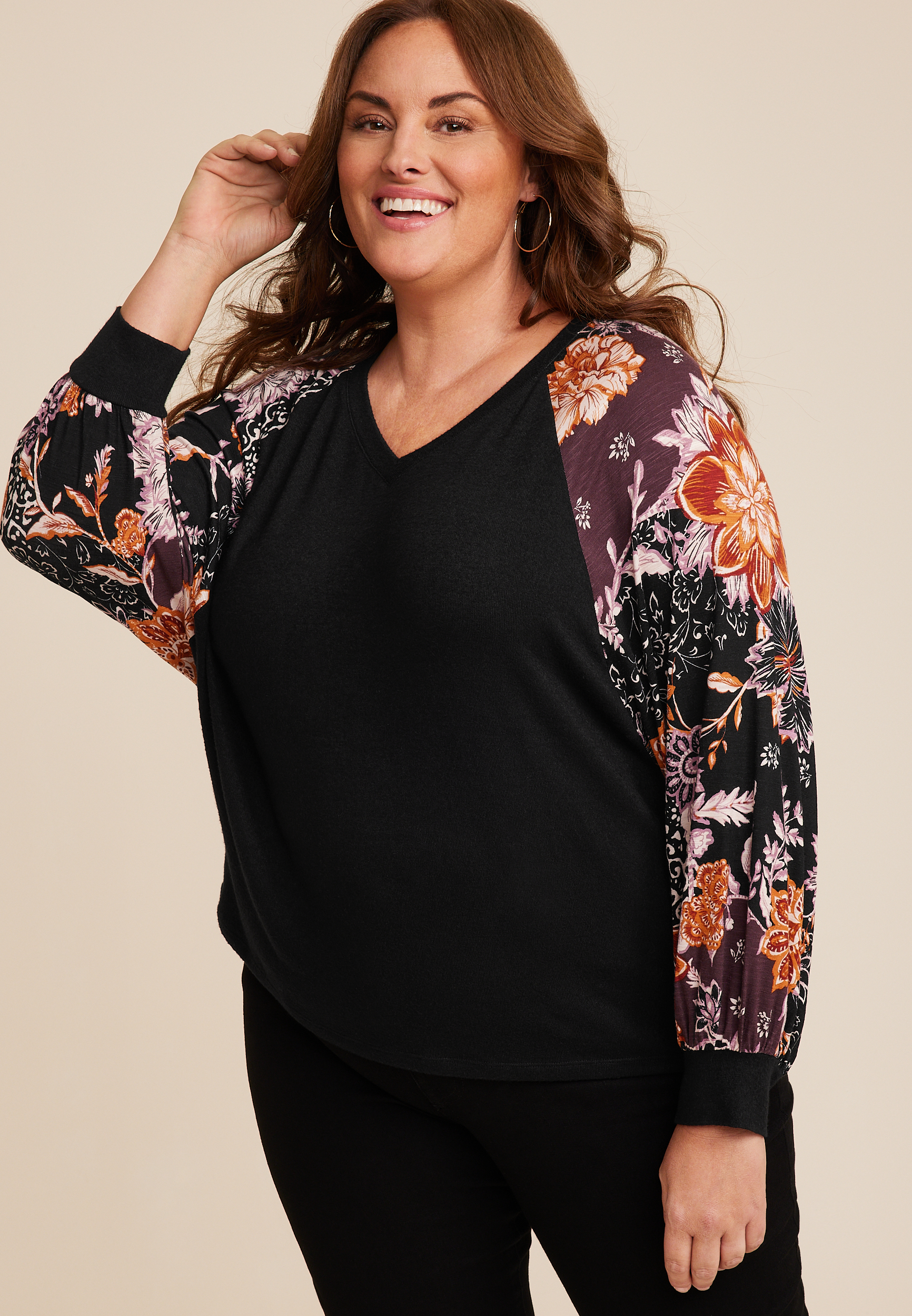 Plus Size Floral Sleeve Mixer Tee | maurices