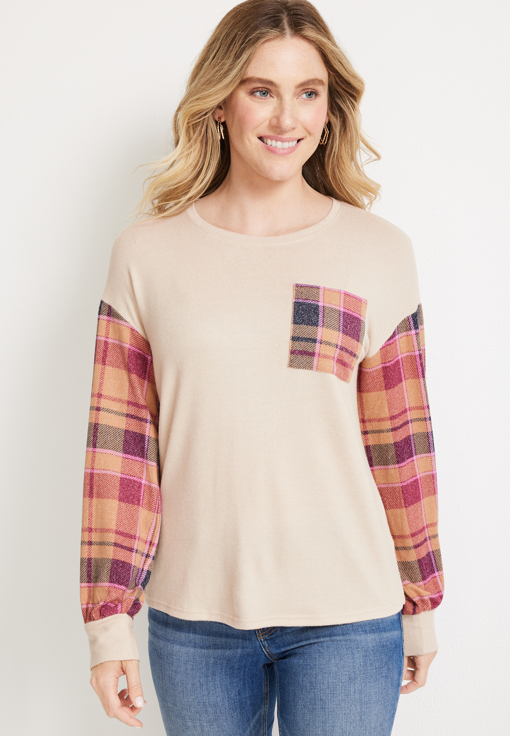 Plaid Colorblock Mixer Tee | maurices